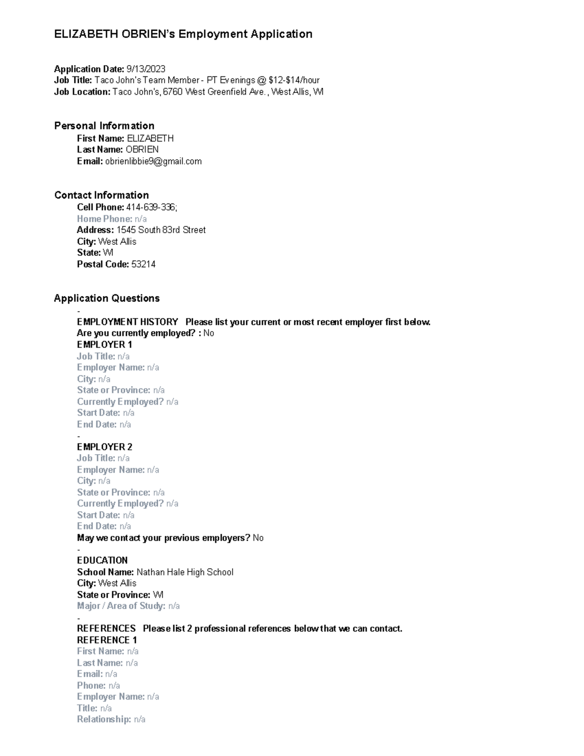 E. Obrien Employment Application for Taco John's Team Member Position ...
