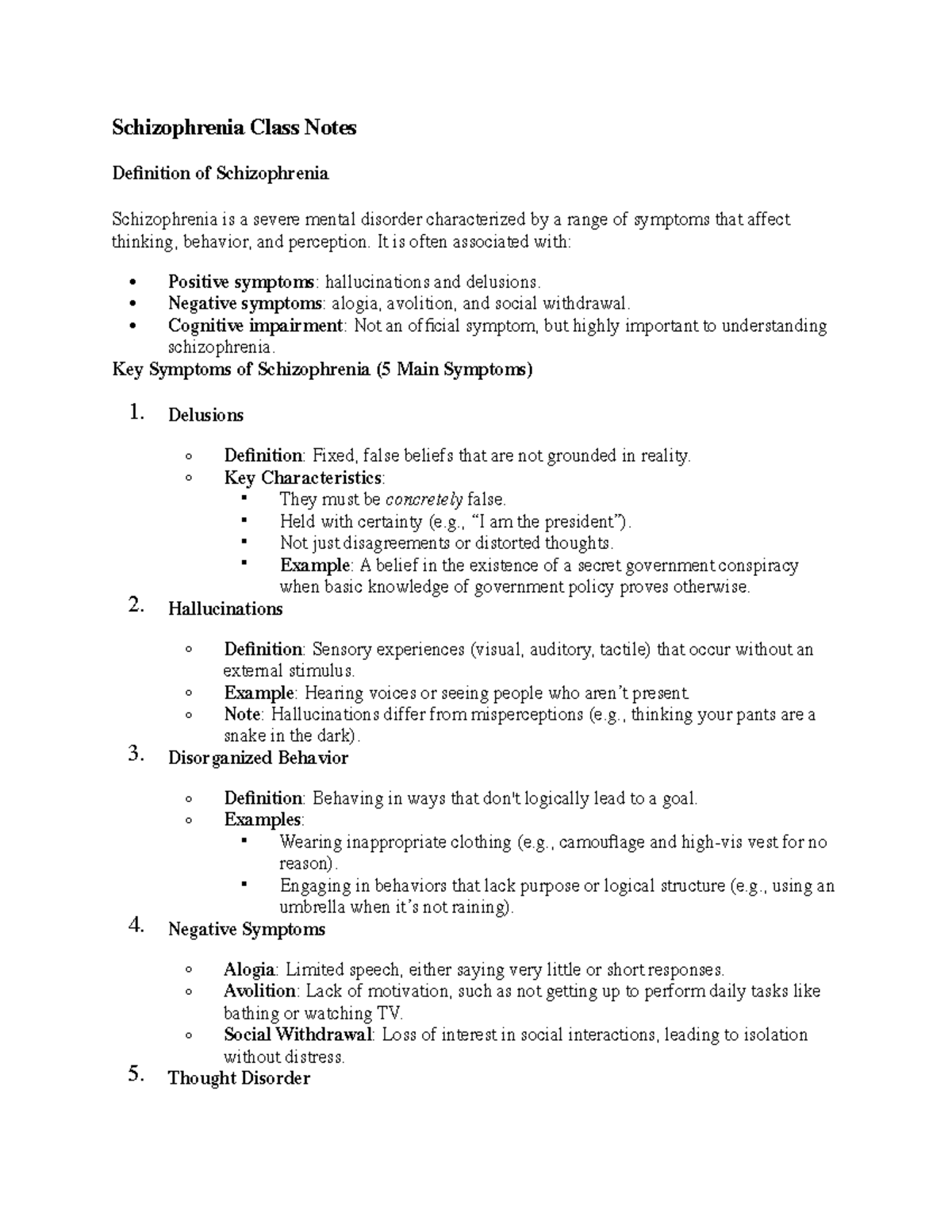 Schizophrenia Class Notes: Symptoms, Delusions, and Cognitive ...