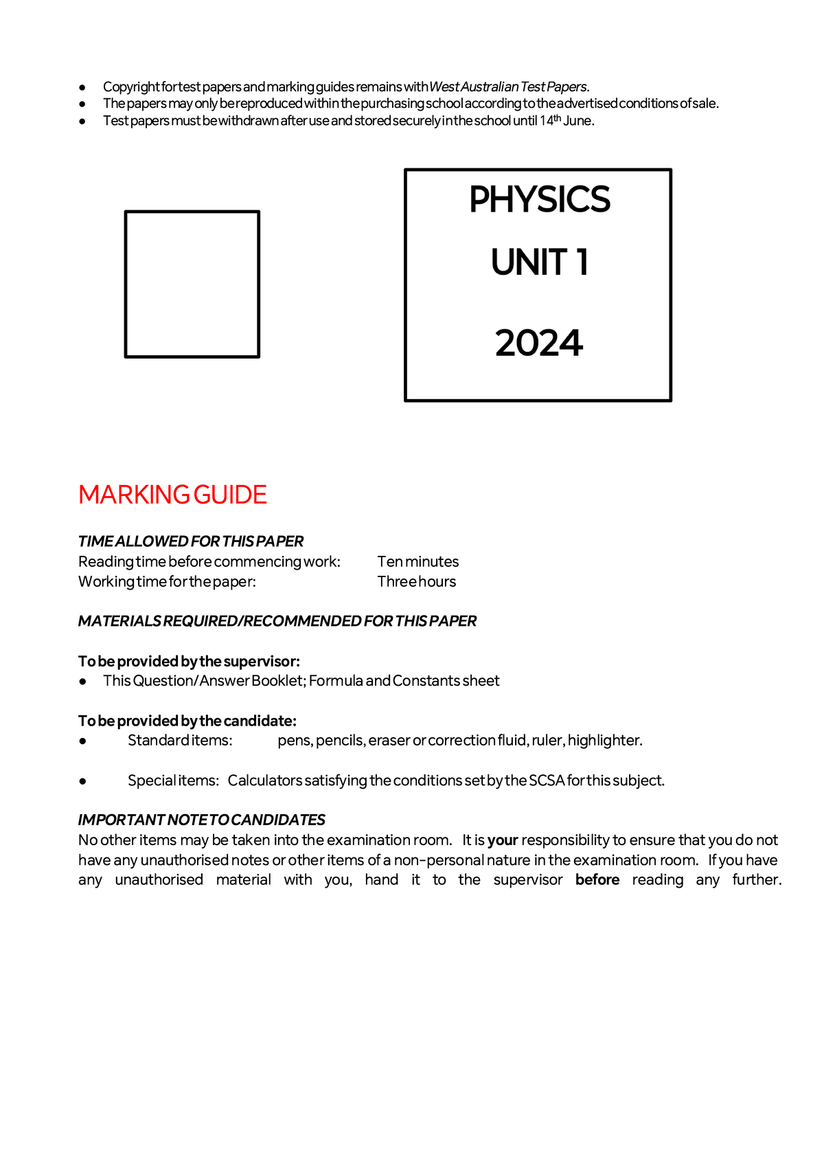 Physics Unit 1 Final Exam Paper and Marking Guide - Studocu