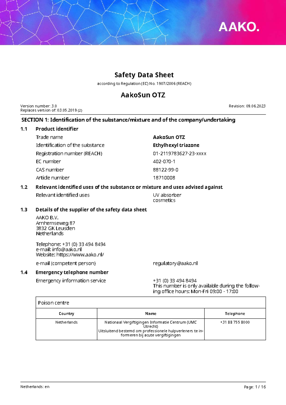 Safety Data Sheet (SDS) for AakoSun OTZ (REACH) - Version 3.0 - Studocu