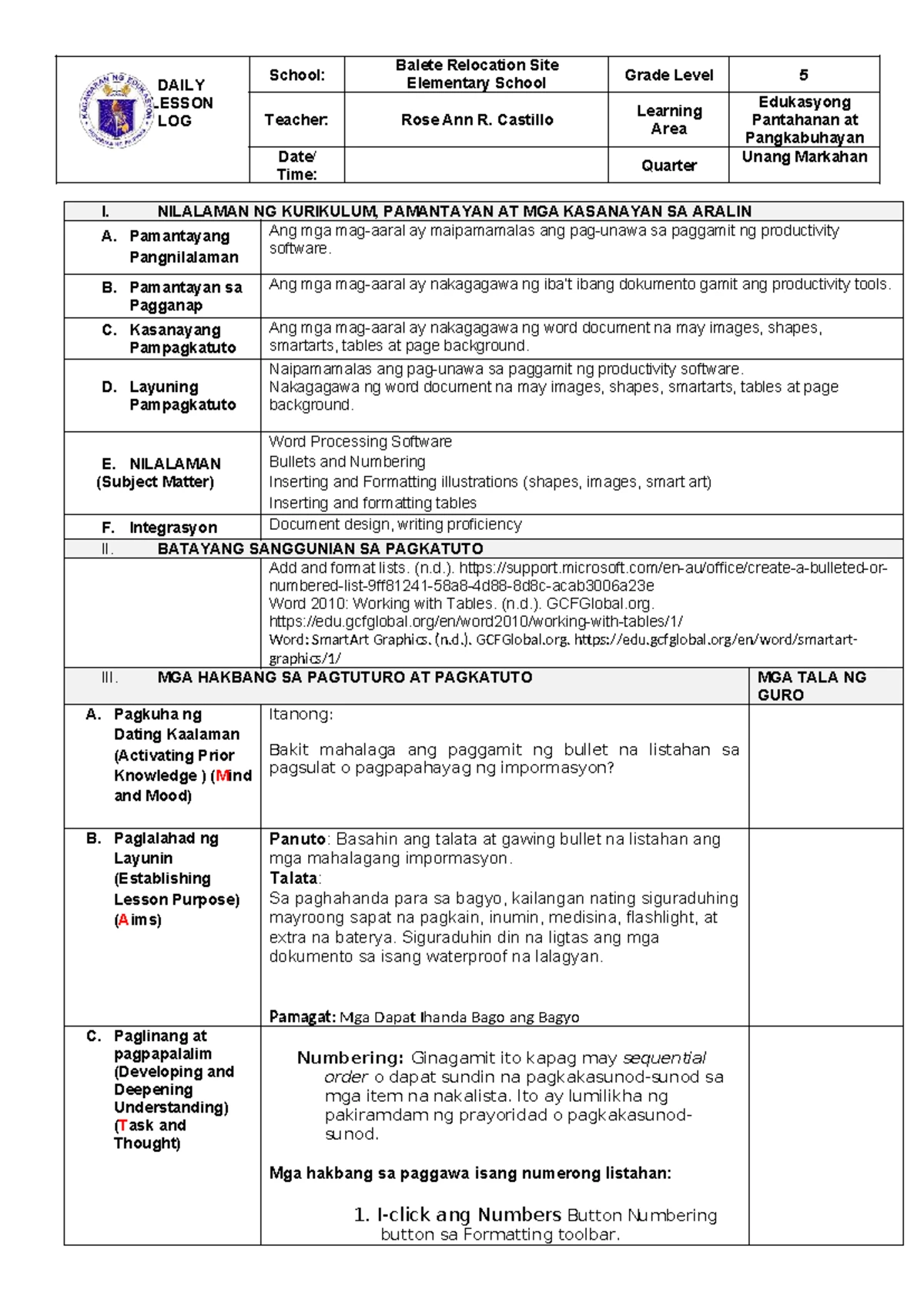EPP 5 WEEK 2 DAY 5 - Daily Lesson Log on Word Processing Skills - Studocu