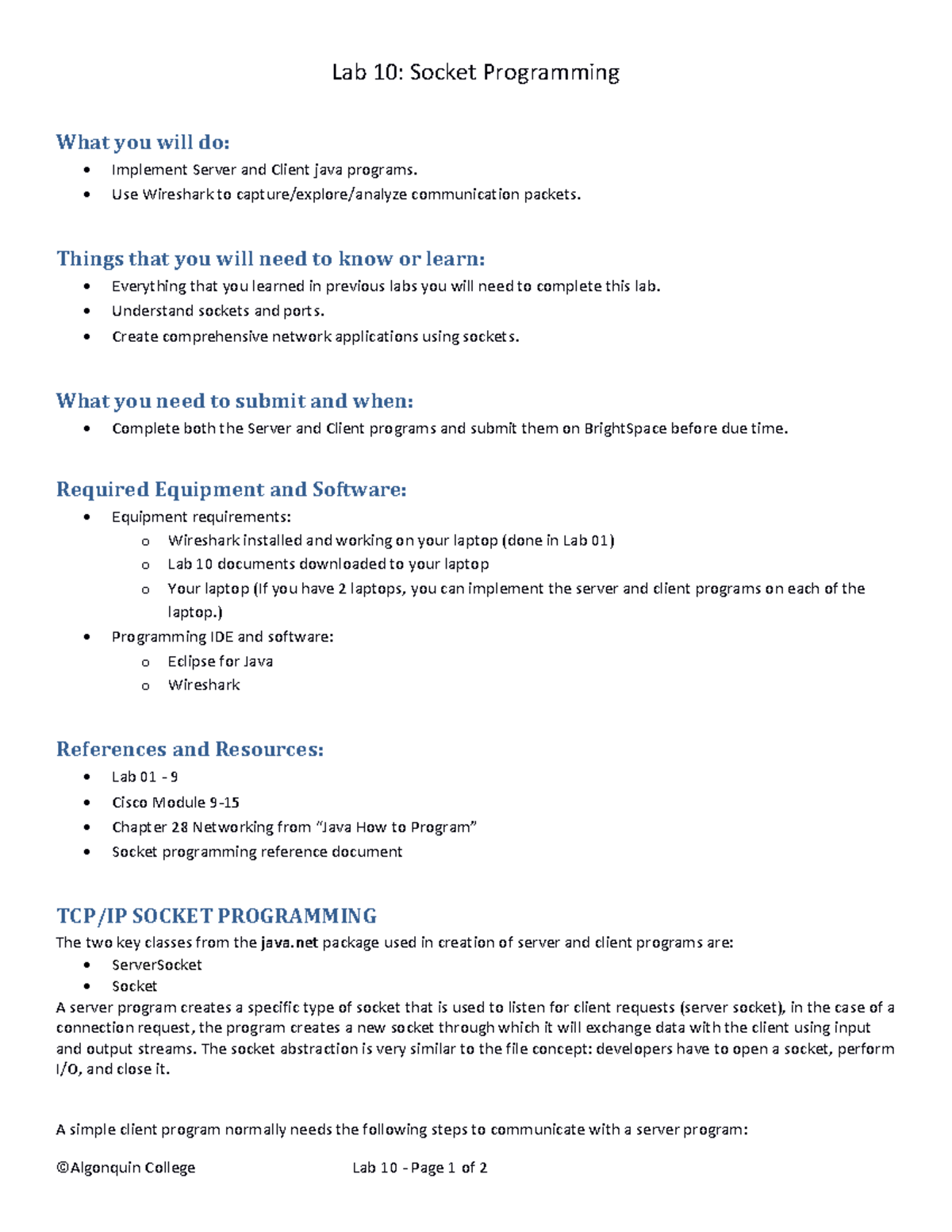Lab 10 1 - Lab Activity - lab 10 - ©Algonquin College Lab 10 - Page 1 of 2 Lab 10: Socket - Studocu