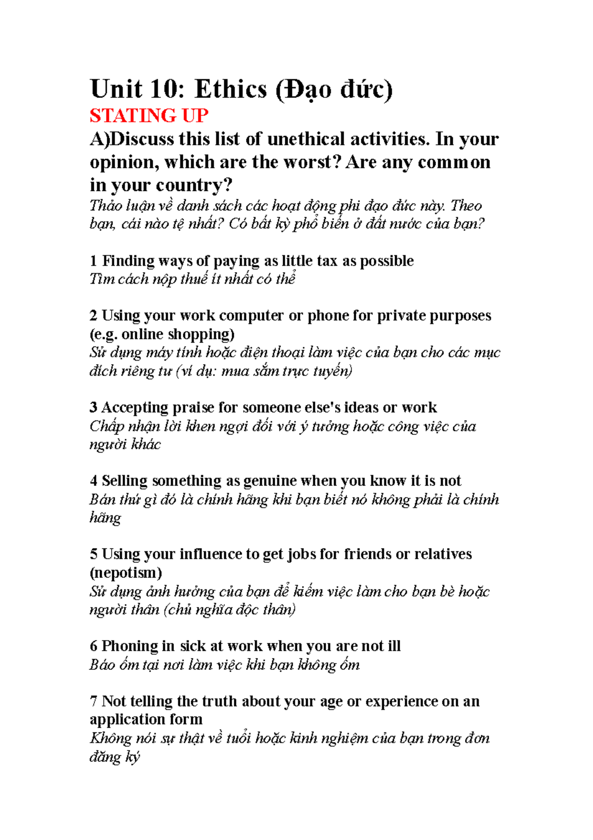 Unit 10 - Tài liệu học tập - Unit 10: Ethics (Đạo đức) STATING UP A ...