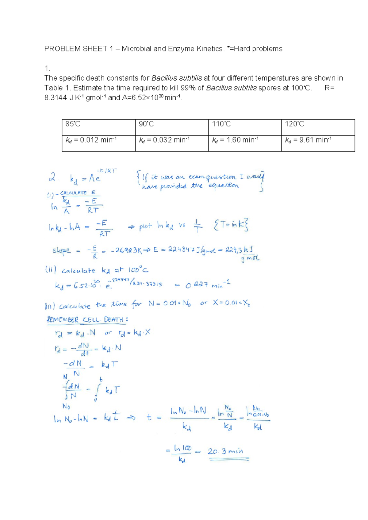 Problem Sheet 1: Solutions for Microbial and Enzyme Kinetics - Studocu