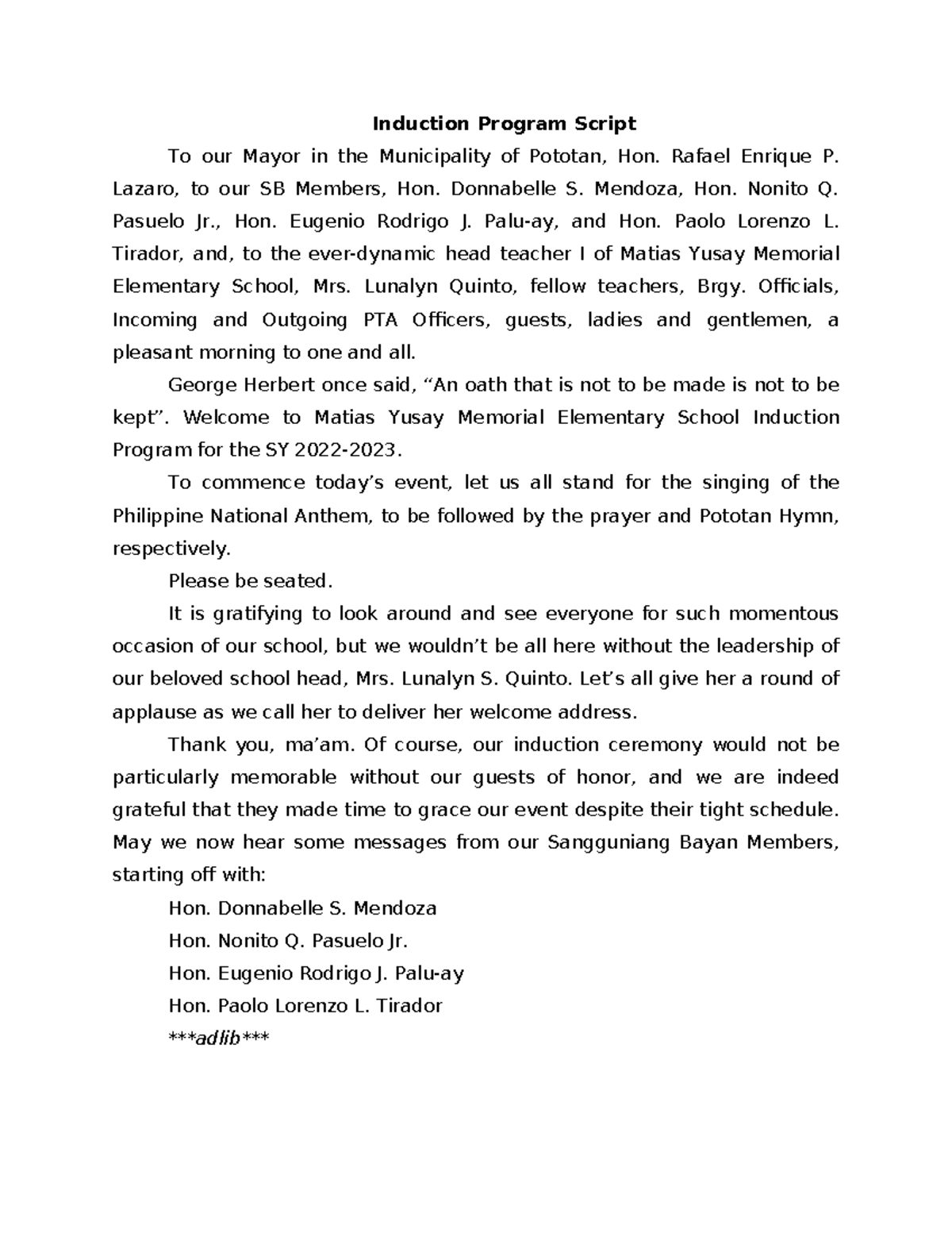 Induction Program Script - Rafael Enrique P. Lazaro, to our SB Members ...