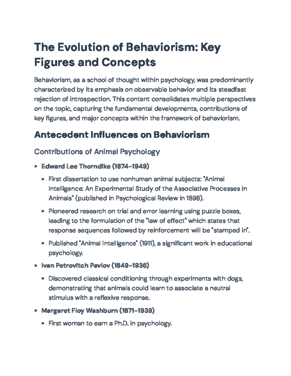 Behaviorism Evolution: Key Figures & Concepts Overview (PSY101) - Studocu