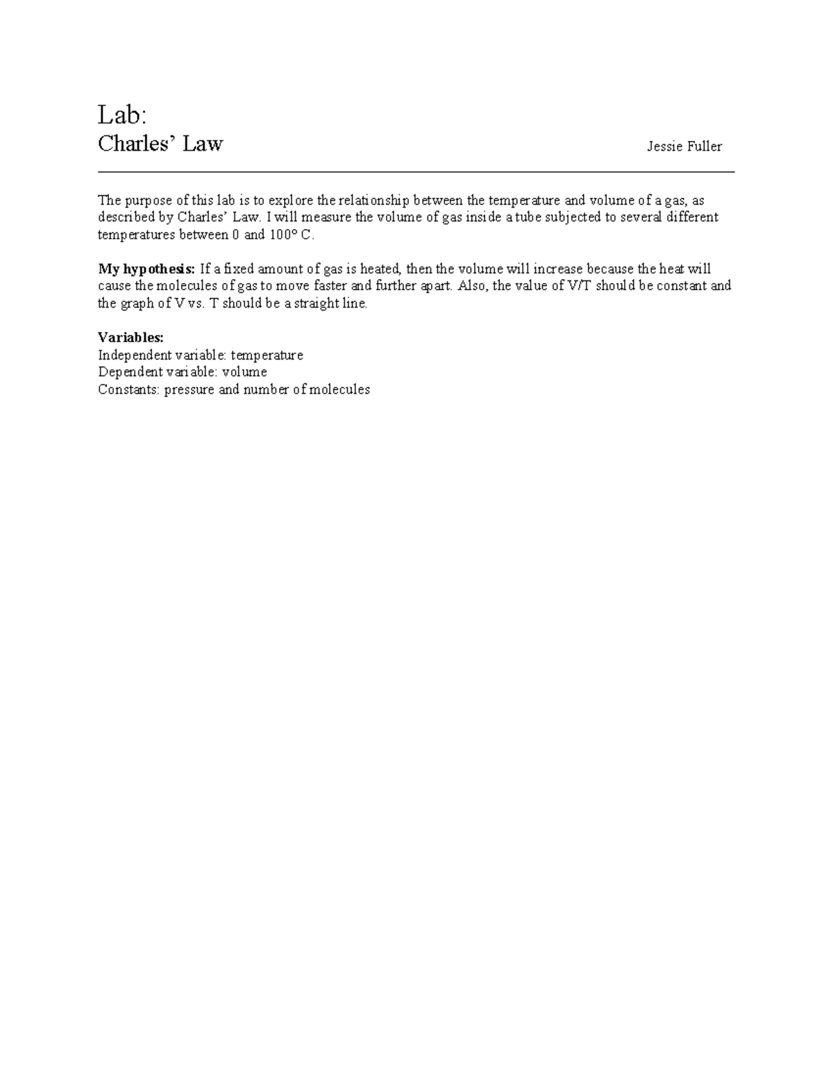 Lab: Charles' Law - Exploring Gas Volume & Temperature (2025/2026 ...