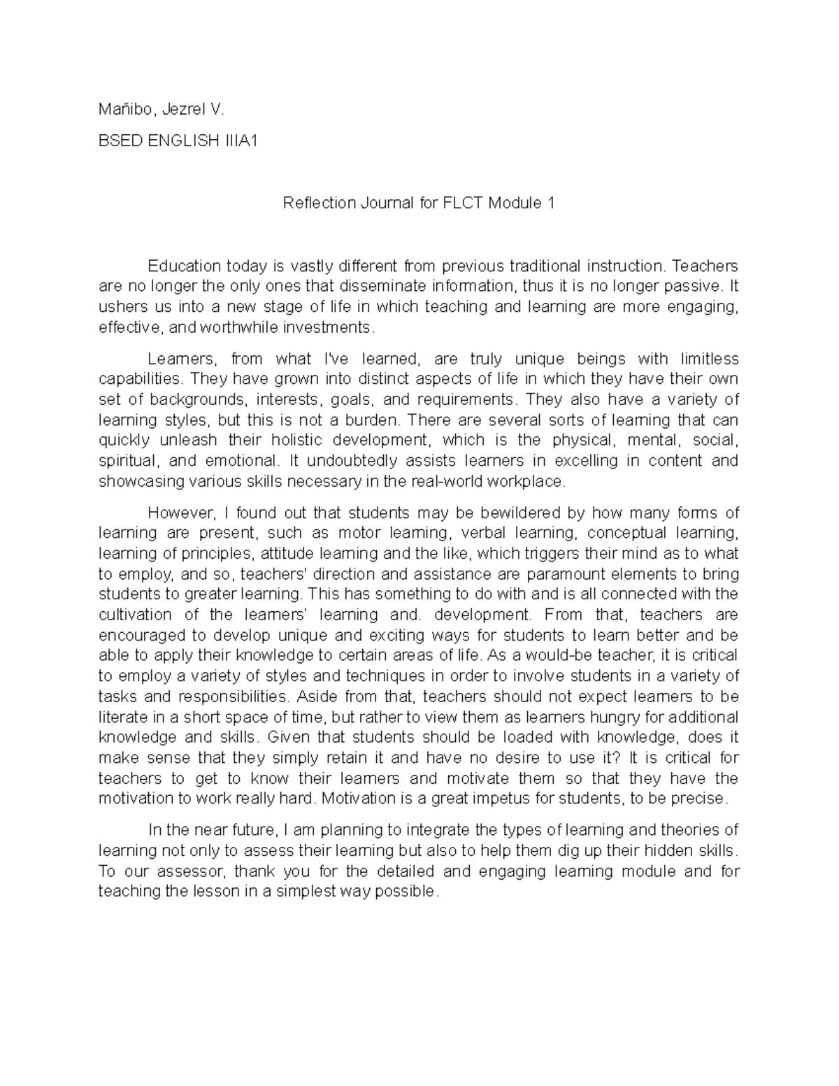 Reflection Journal for FLCT Module 1: Insights on Modern Teaching - Studocu