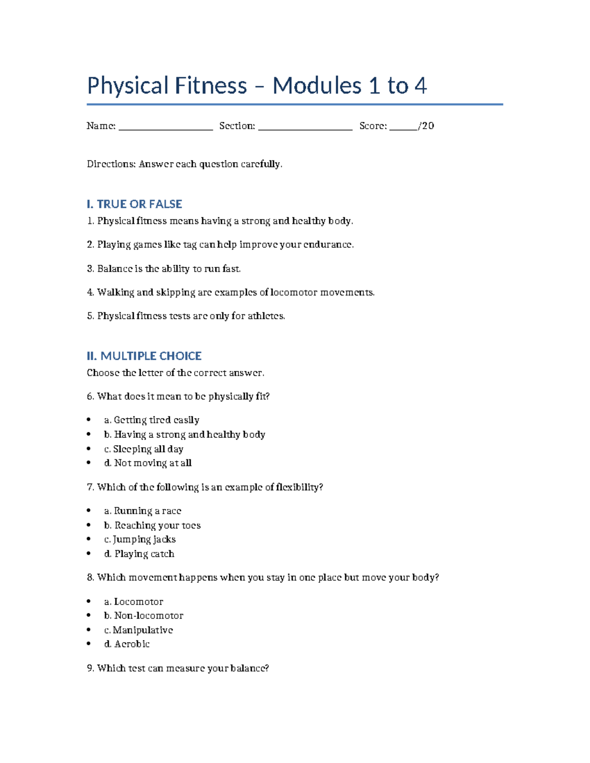 Physical Fitness Quiz Review: Modules 1-4 - Studocu