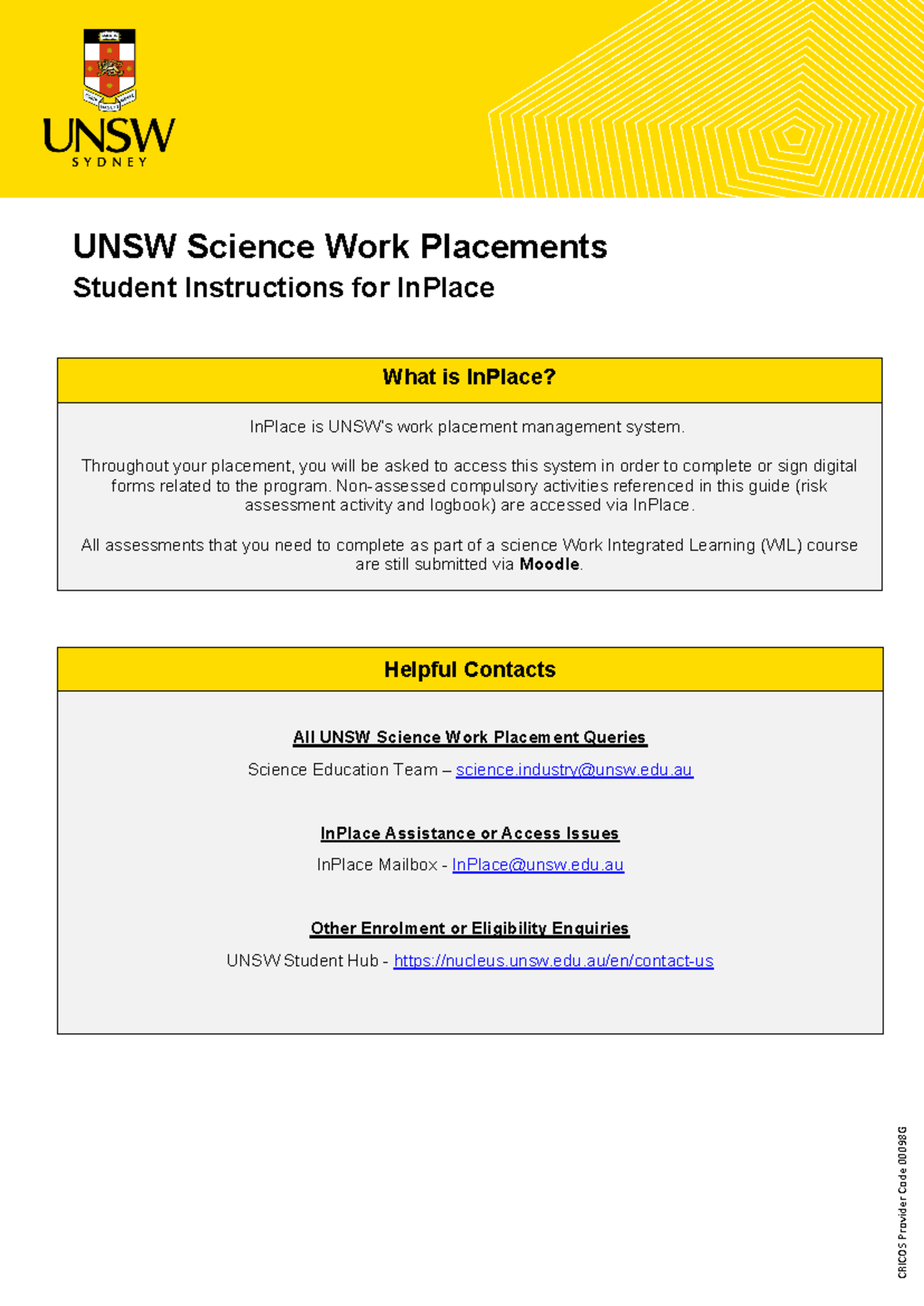 UNSW Science WIL InPlace Process Document: Student Guidelines - Studocu