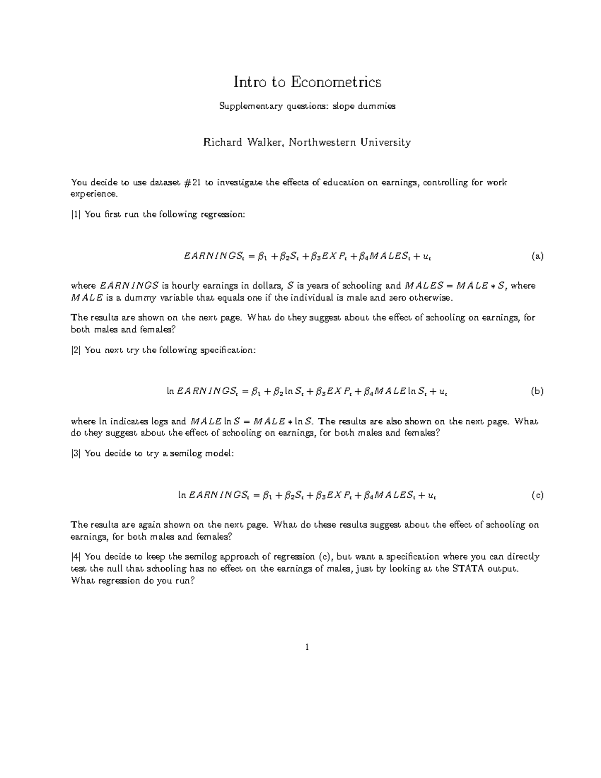 Econ 101: Intro to Econometrics - Slope Dummies Supplementary Questions ...