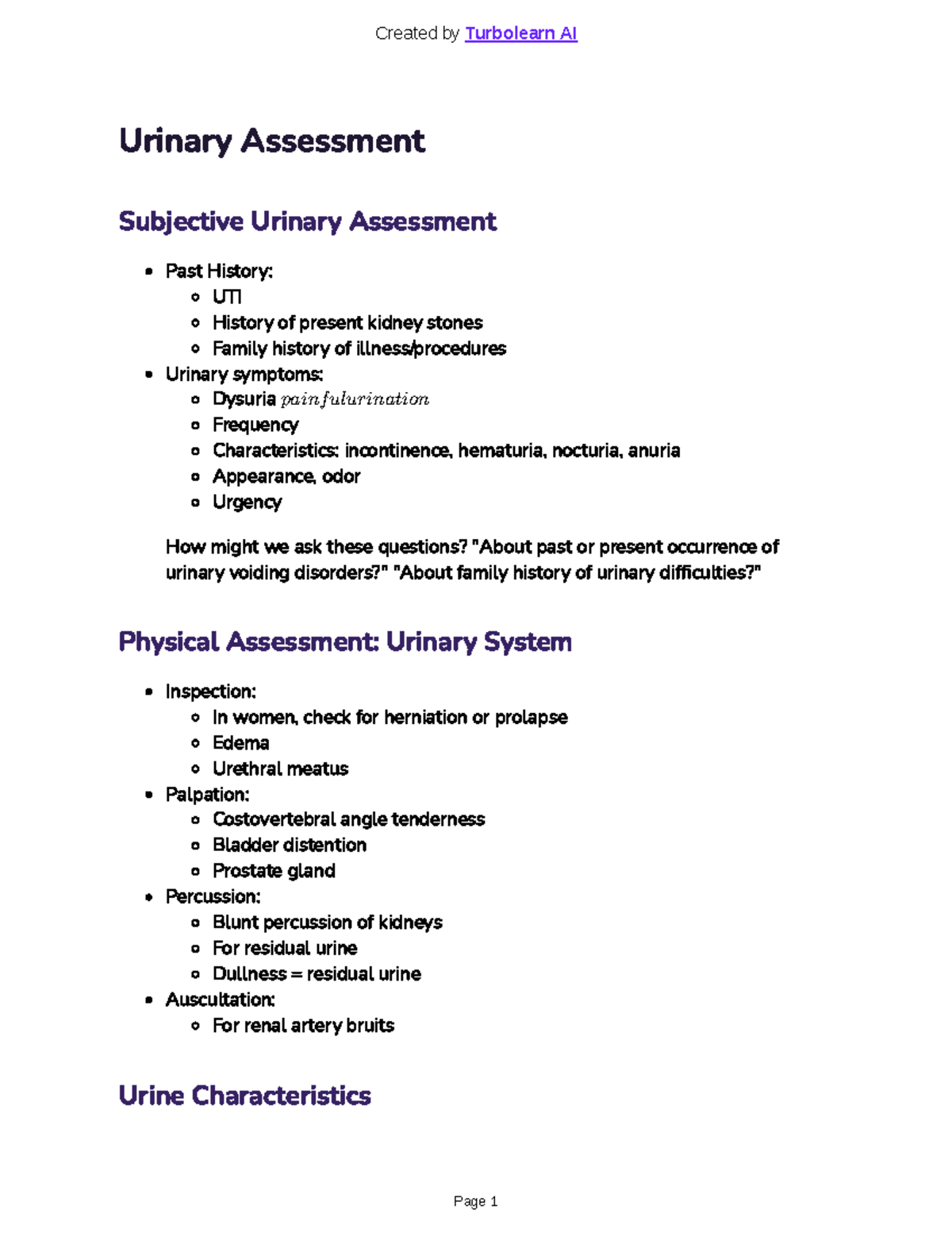 Urinary Assessment study guide - Urinary Assessment Subjective Urinary ...