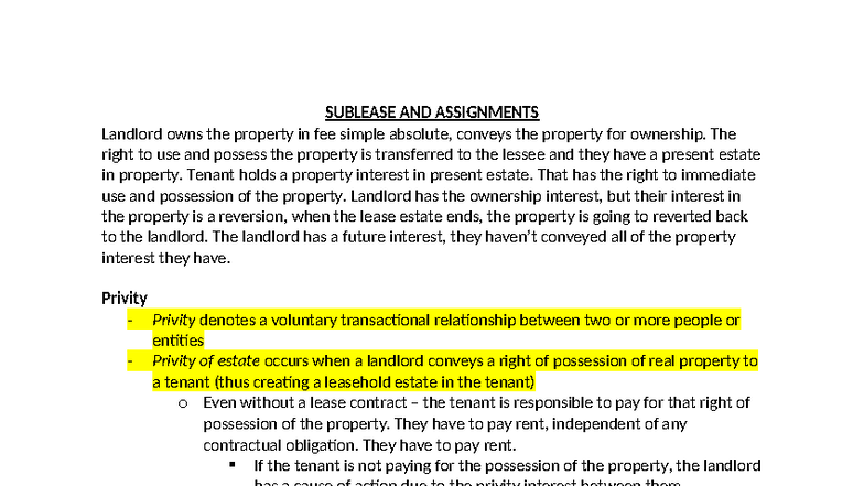 Property Class Notes: Sublease and Assignments Overview - Studocu