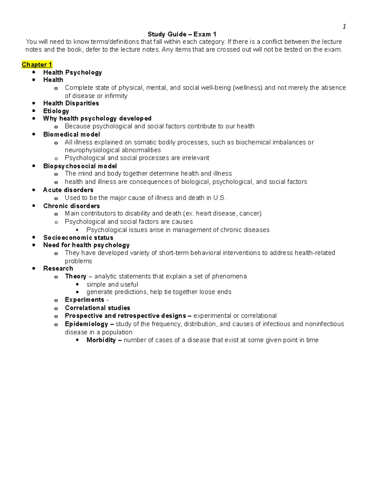 Study Guide - Exam 1 - Study Guide – Exam 1 You will need to know terms ...