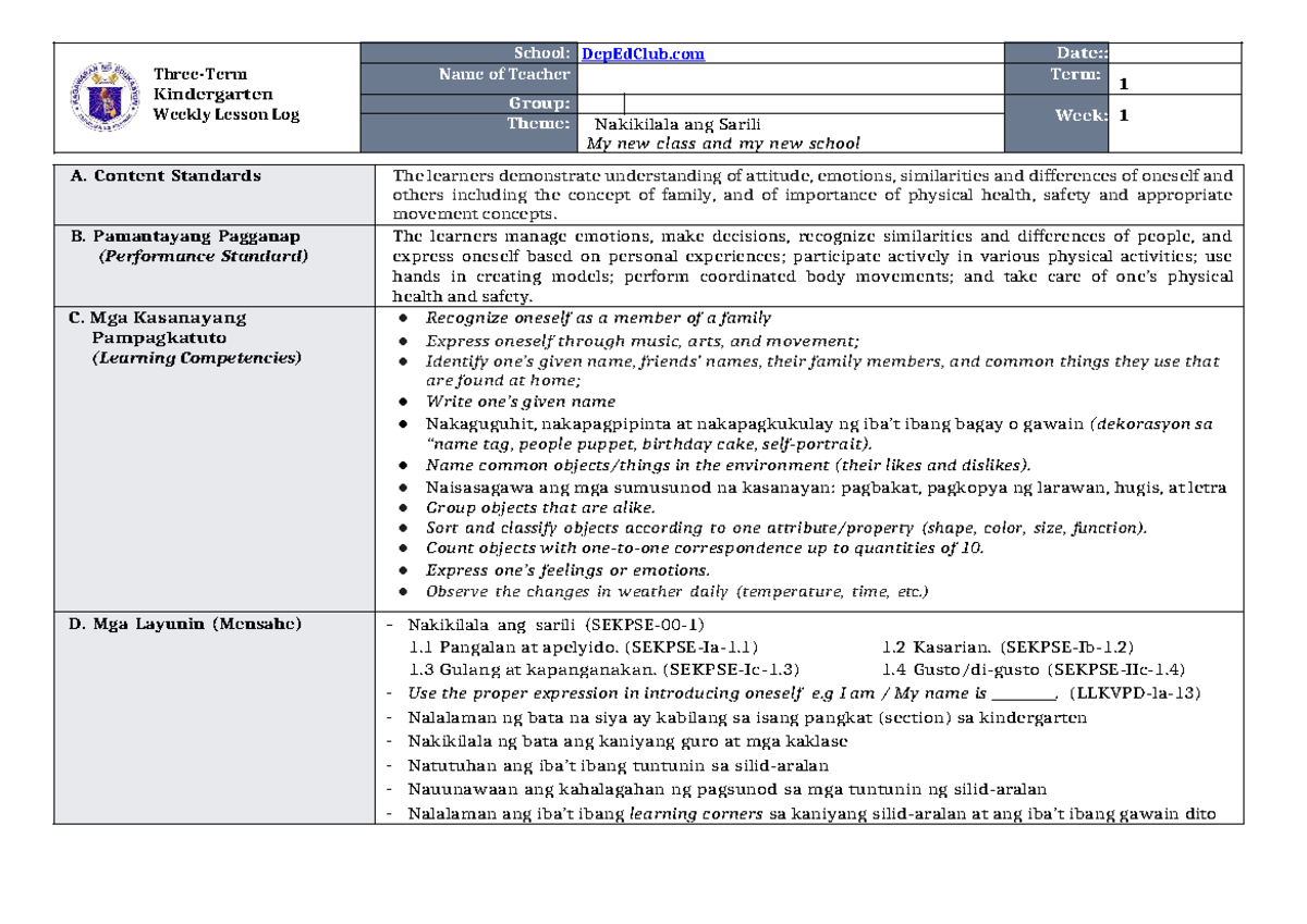 DTC-DLL Kindergarten Weekly Lesson Log: Term 1, Week 1 - Studocu