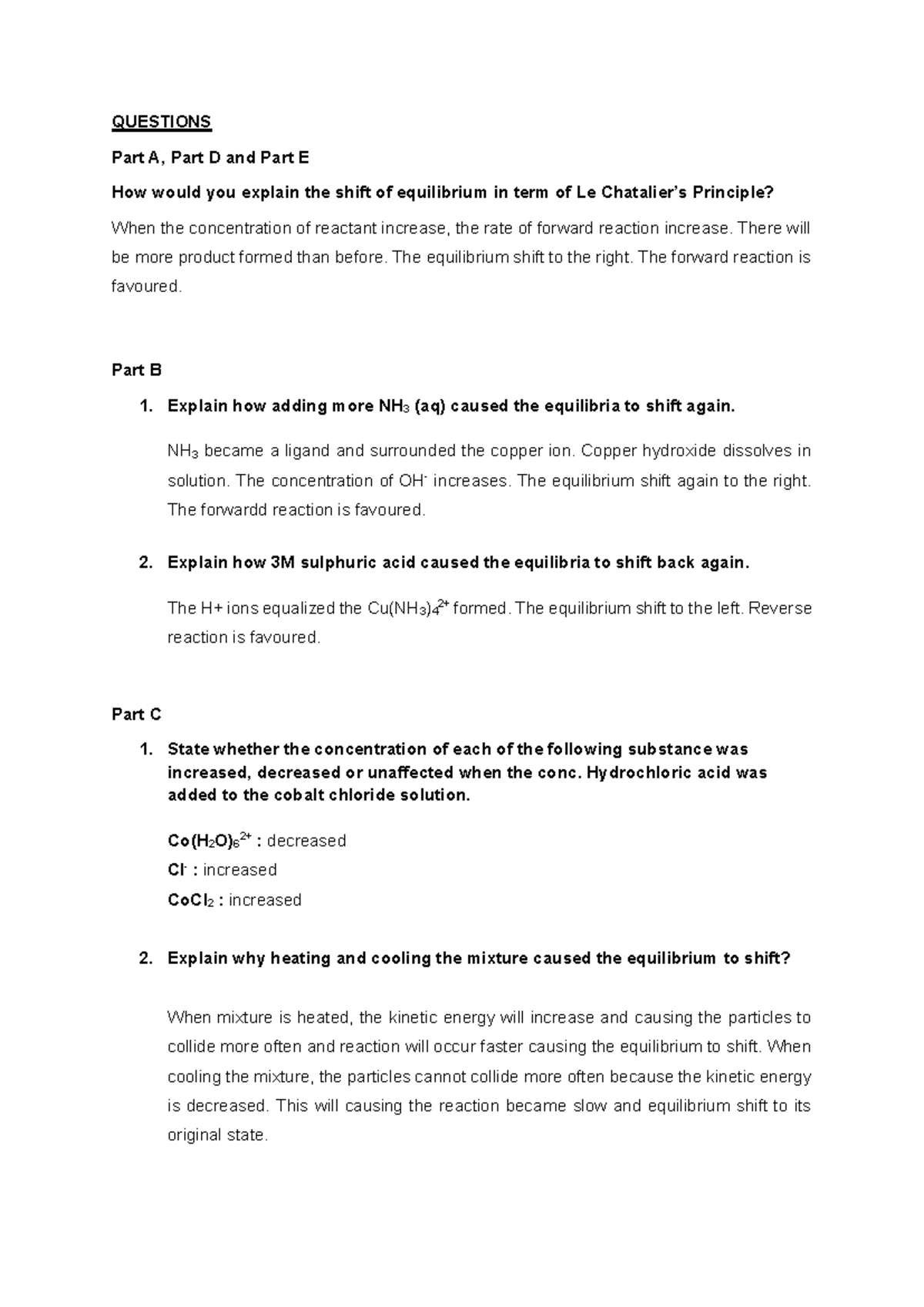 Chm420 - Equilibrium Shifts and Le Chatelier's Principle Analysis - Studocu