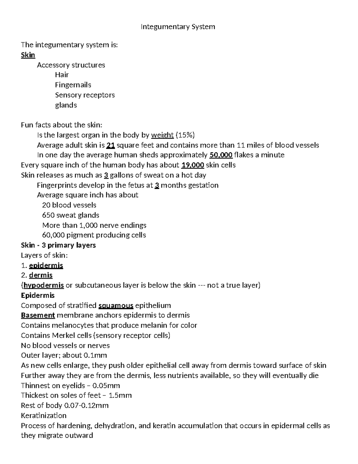 Integumentary System Notes (BIO 2025) - Day 1 Overview - Studocu