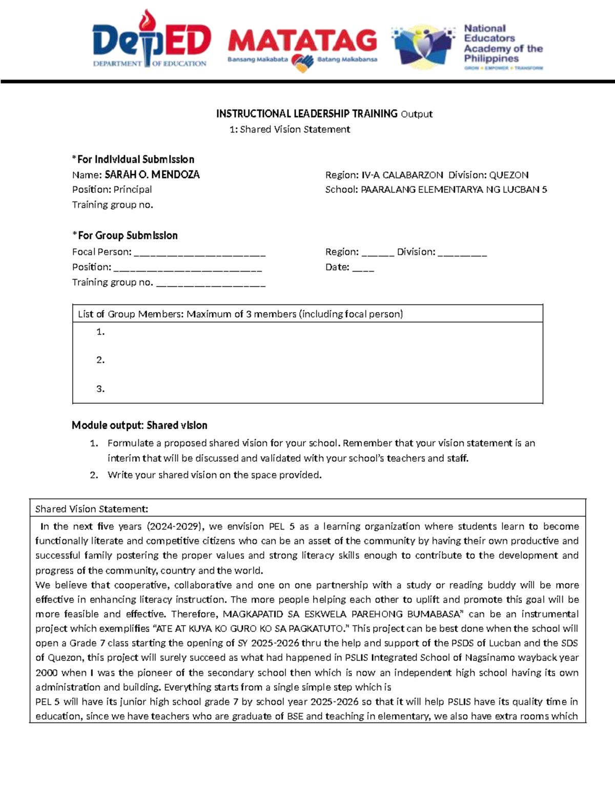 ILT-Module-1- Output-1 - INSTRUCTIONAL LEADERSHIP TRAINING Output 1: Shared Vision Statement ...