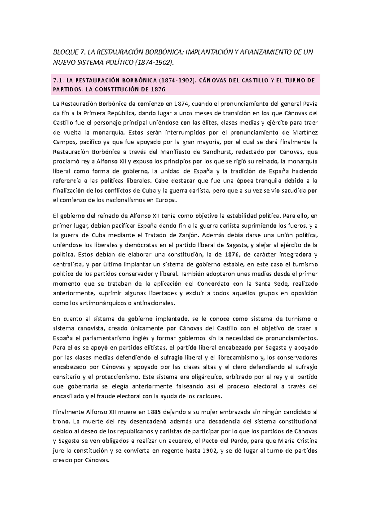 Bloque 7 - BLOQUE 7. LA RESTAURACIÓN BORBÓNICA: IMPLANTACIÓN Y AFIANZAMIENTO DE UN NUEVO SISTEMA ...