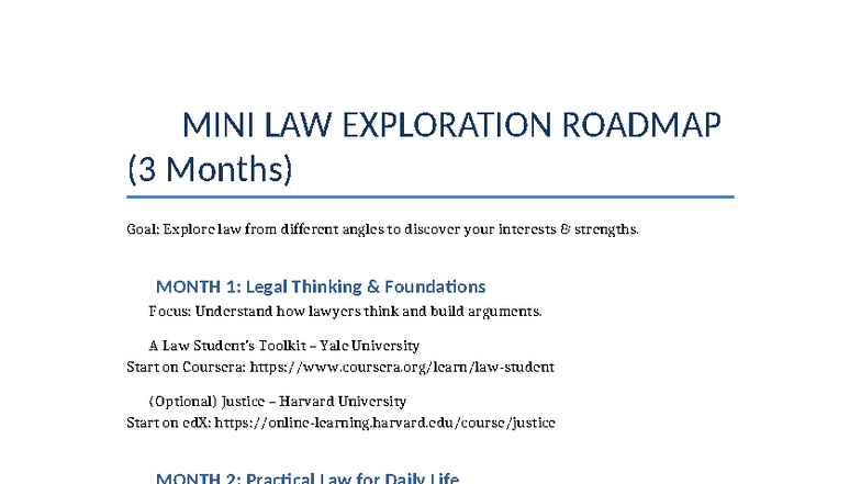 Law Exploration Roadmap: A 3-Month Journey in Legal Studies - Studocu