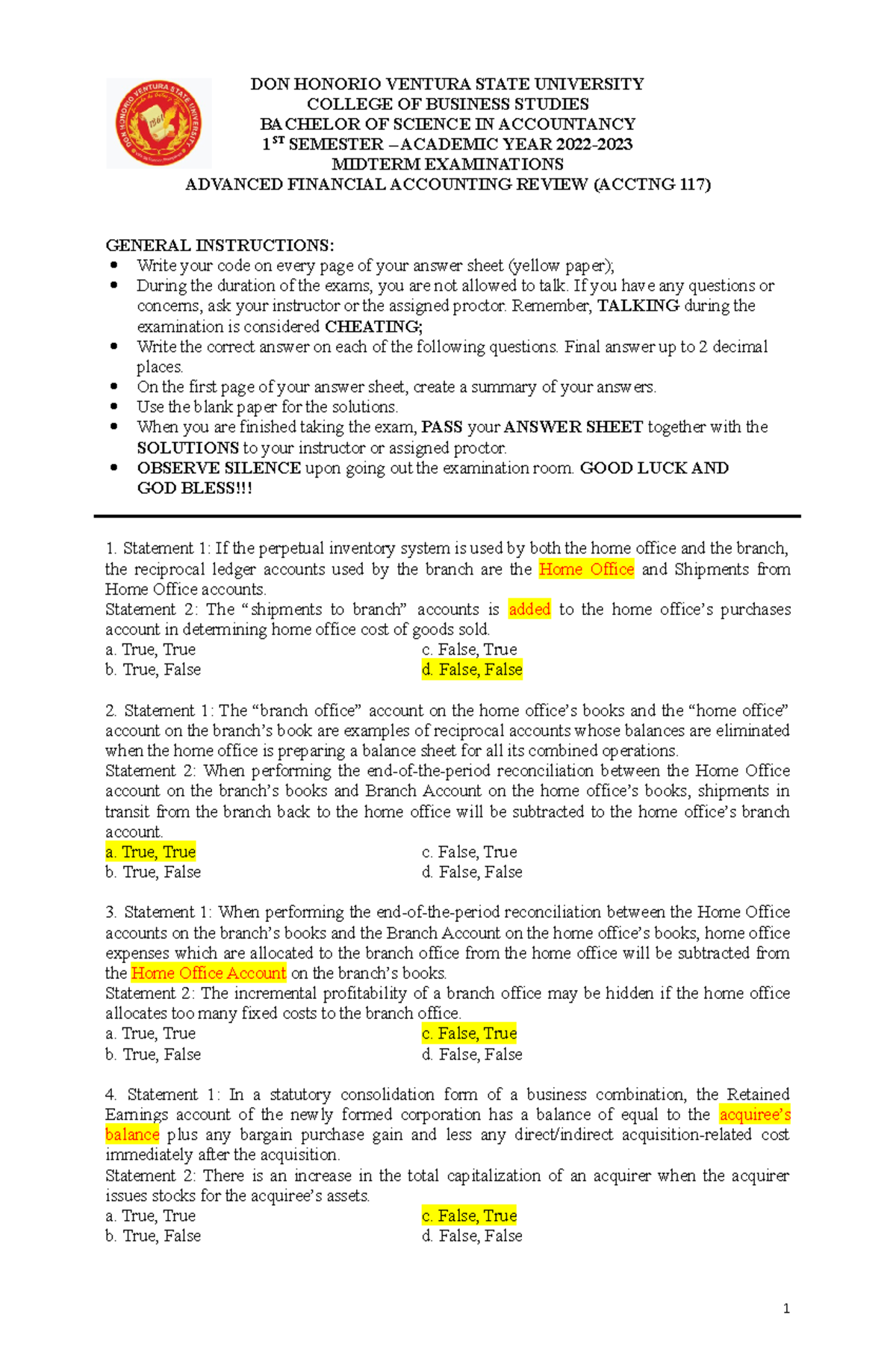 Midterm Exam Review for Advanced Financial Accounting (ACCTNG 117) AY 22-23 - Studocu