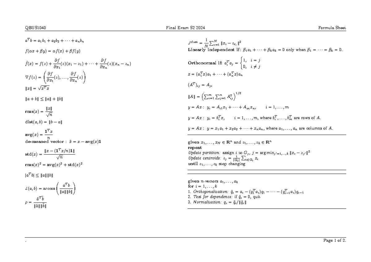 QBUS1040 Exam formula sheet S2 2024 - QBUS1040 Final Exam S2 2024 ...