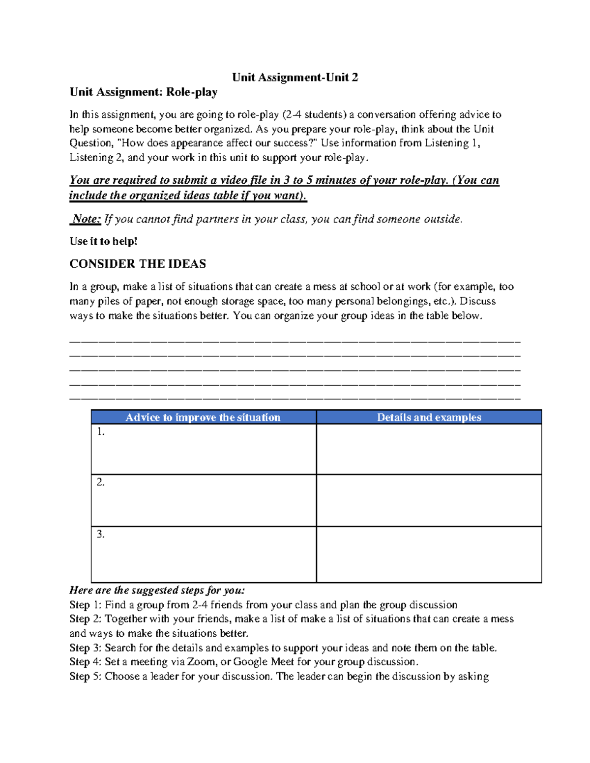 Unit 2-Unit Assignment - Unit Assignment-Unit 2 Unit Assignment: Role-play In this assignment ...