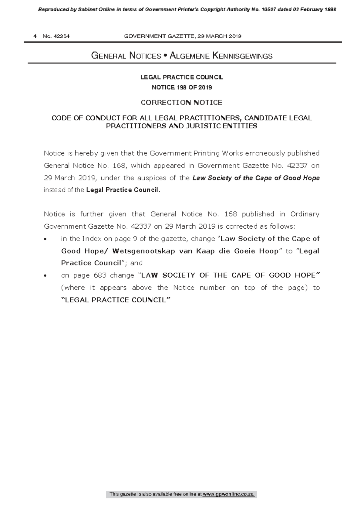 Correction Notice: Code of Conduct for Legal Practitioners (2019) - Studocu