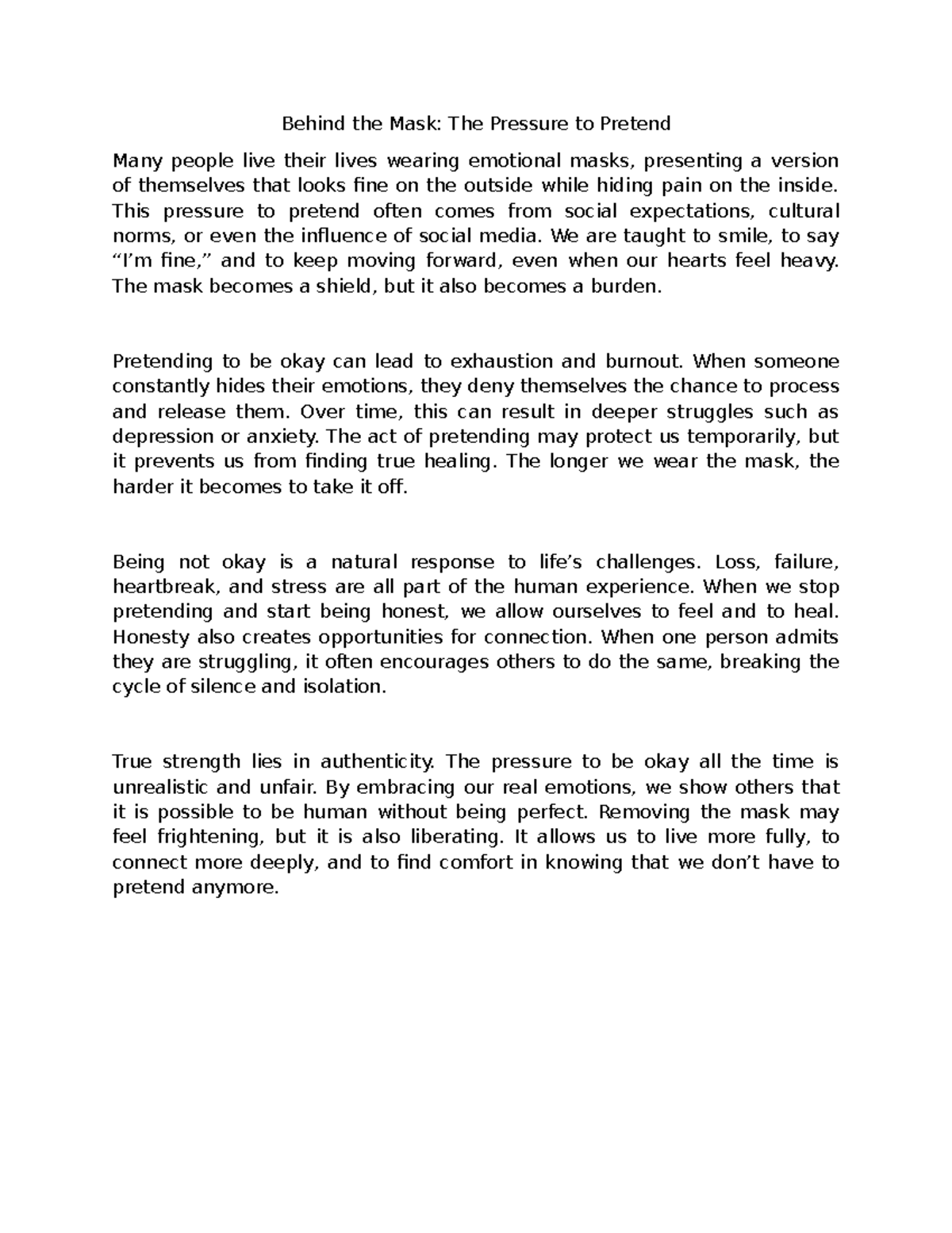 The Pressure to Pretend: Understanding Emotional Masks - Studocu