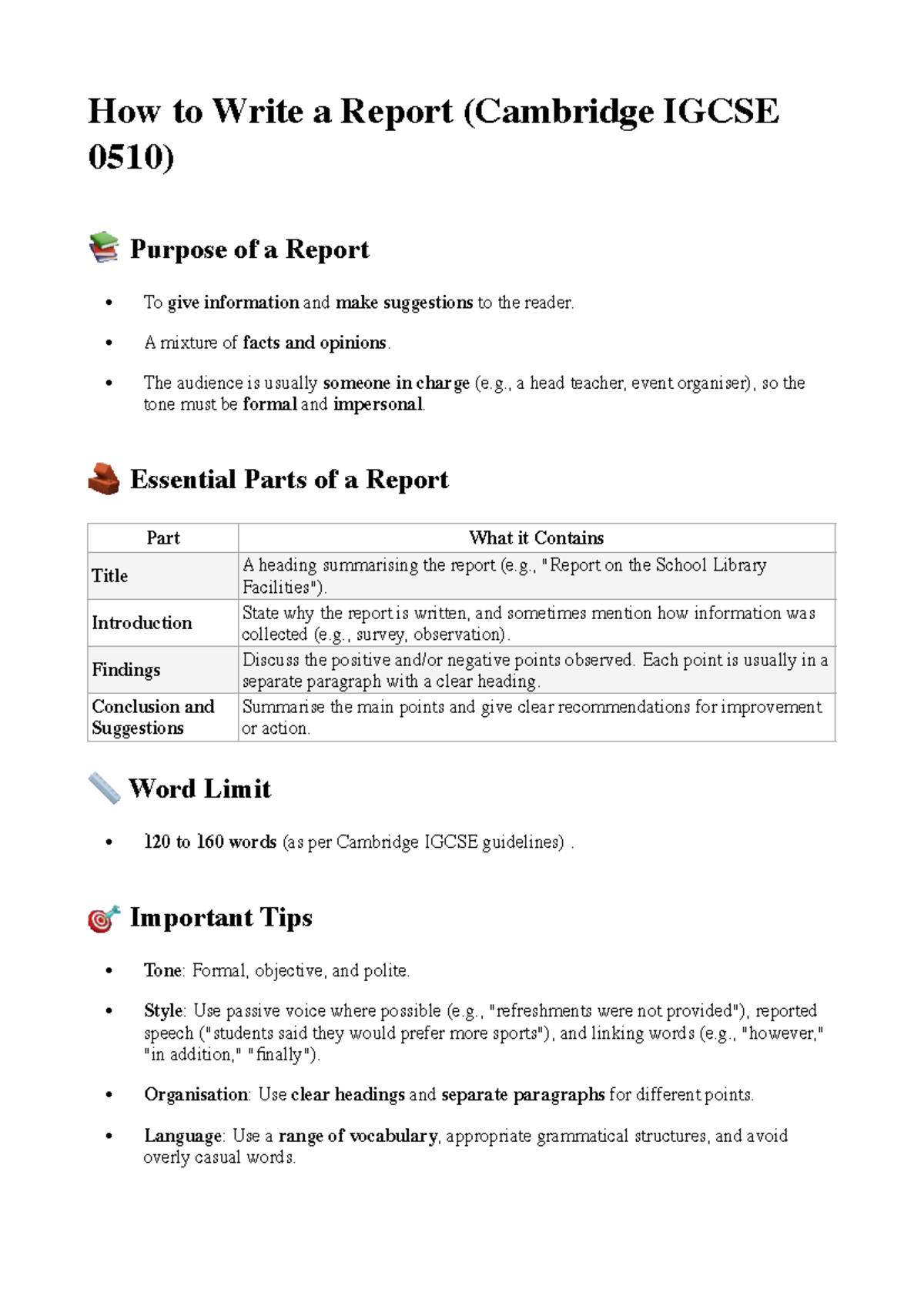 Report Writing Guide (Cambridge IGCSE 0510) for Effective Reports - Studocu