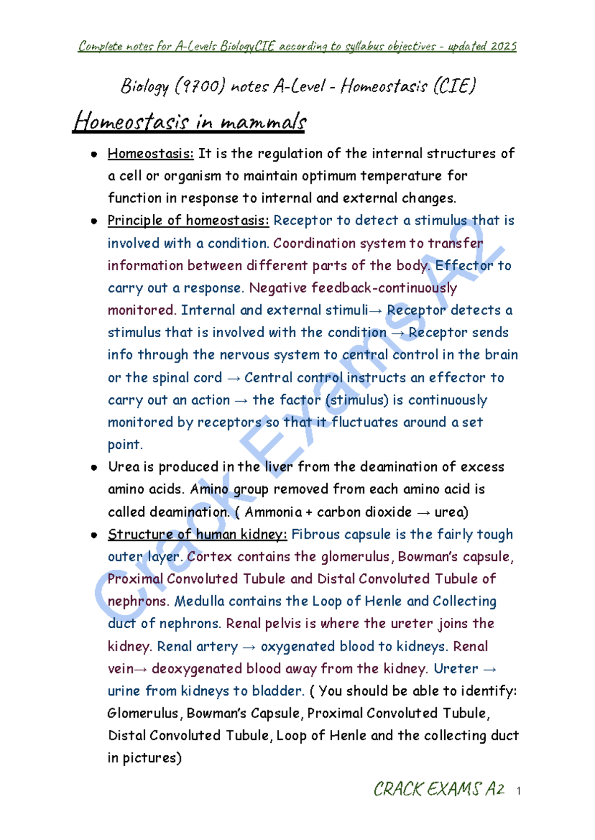 Biology (9700) A-Level Notes: Homeostasis Overview and Mechanisms - Studocu
