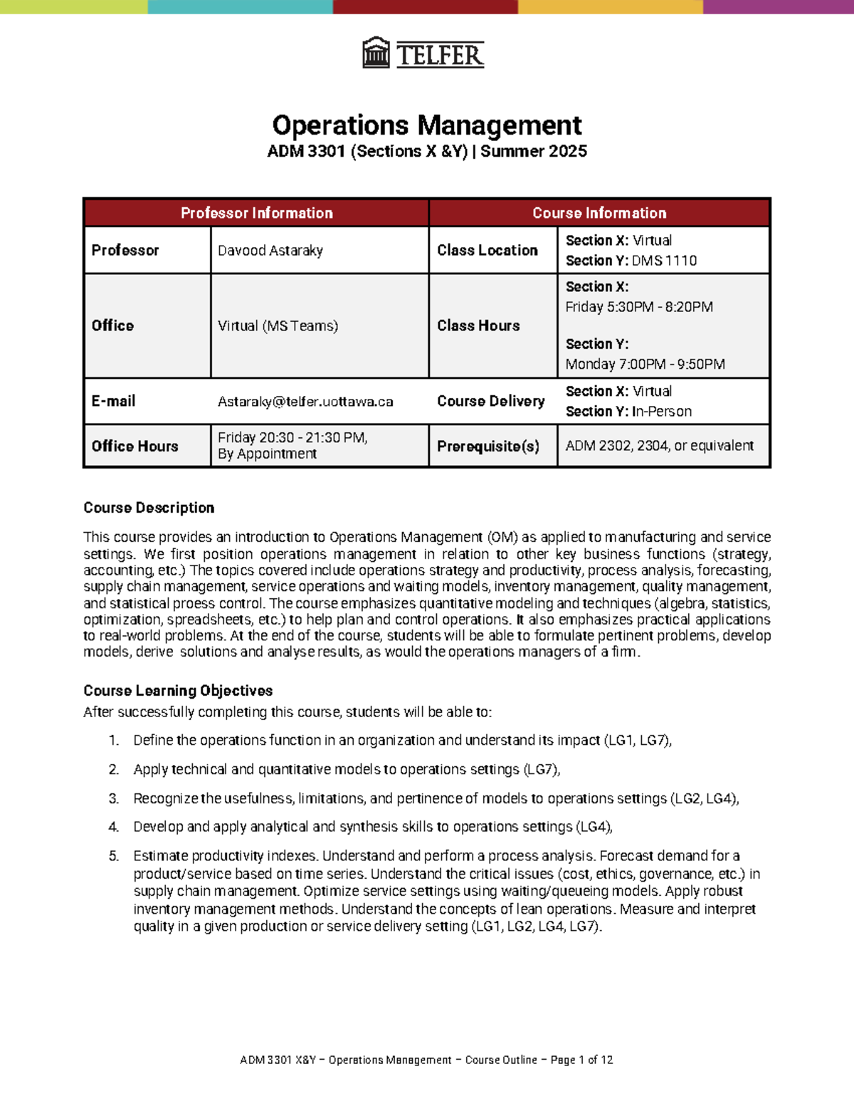 ADM 3301 Operations Management Course Outline - Summer 2025 - Studocu