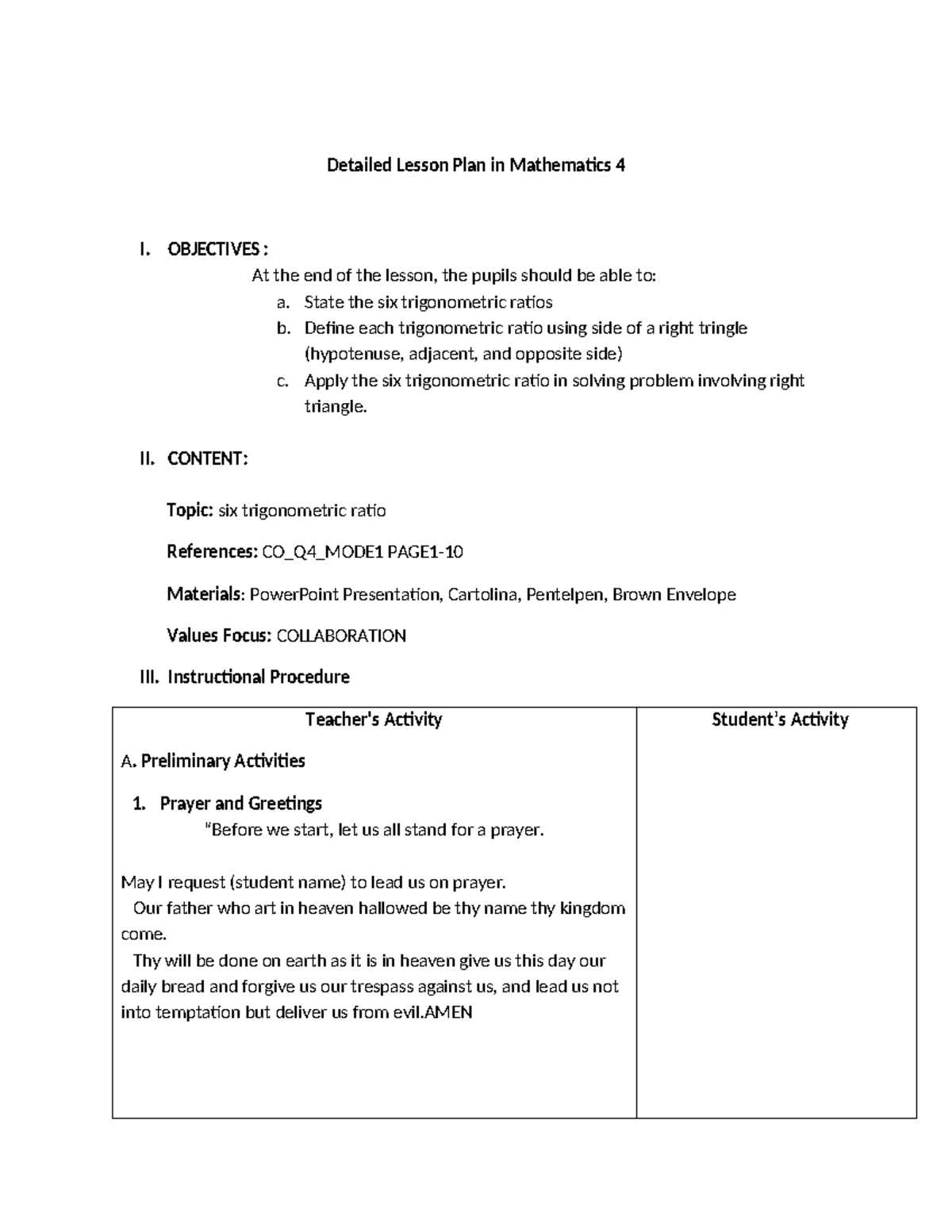 SIX Trigonometric Ratios Detailed Lesson Plan in Math 4 - Studocu