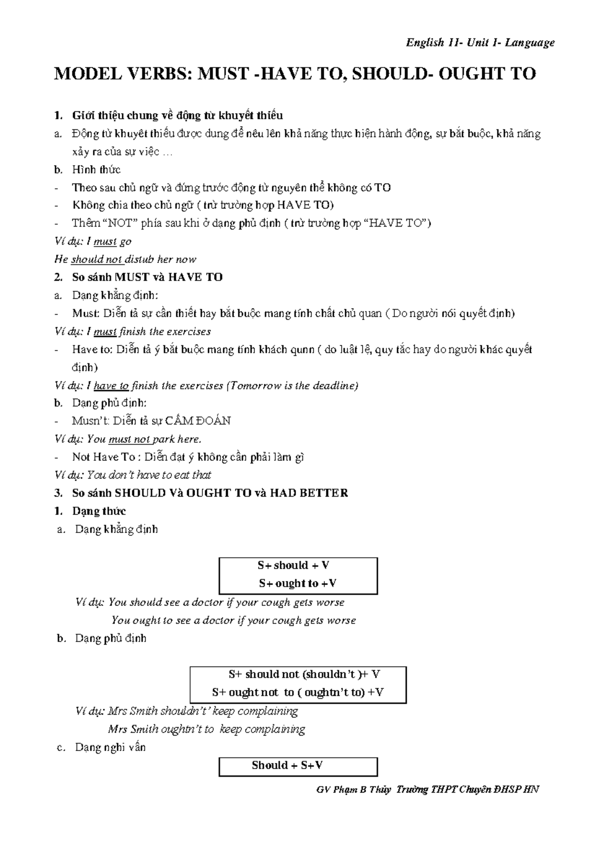 English 11 - Unit 1 - Model Verbs: Must, Have To, Should, Ought To ...