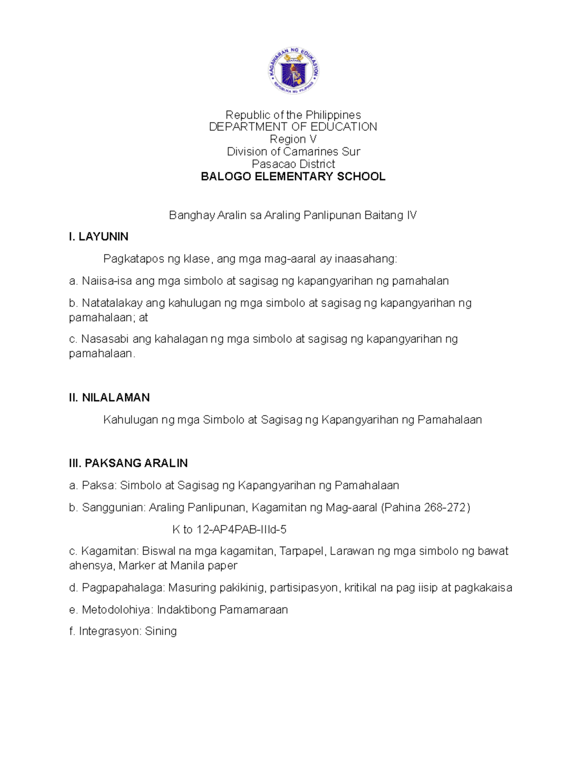 AP Simbolo-IV DLP - Araling Panlipunan Lesson Plan on Government ...