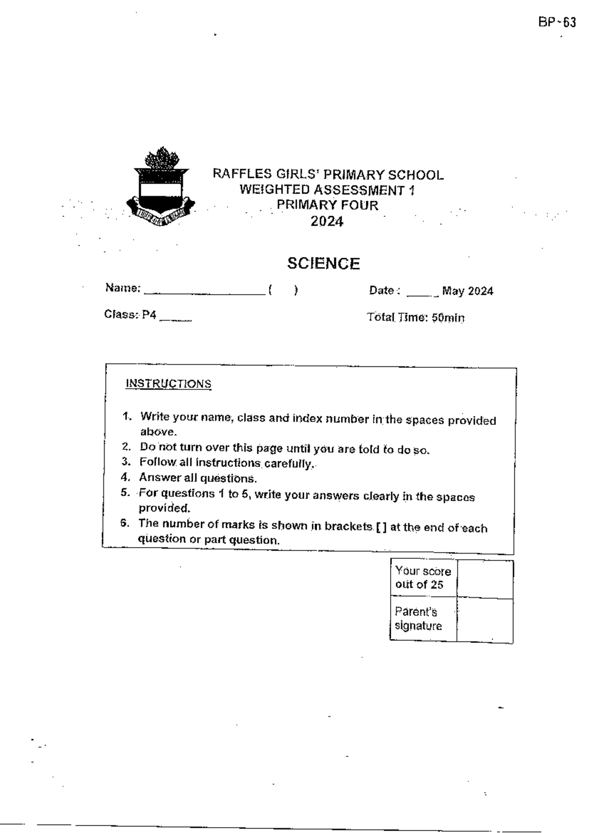P4 Science WA1 2024 - Raffles Primary School Assessment - Studocu