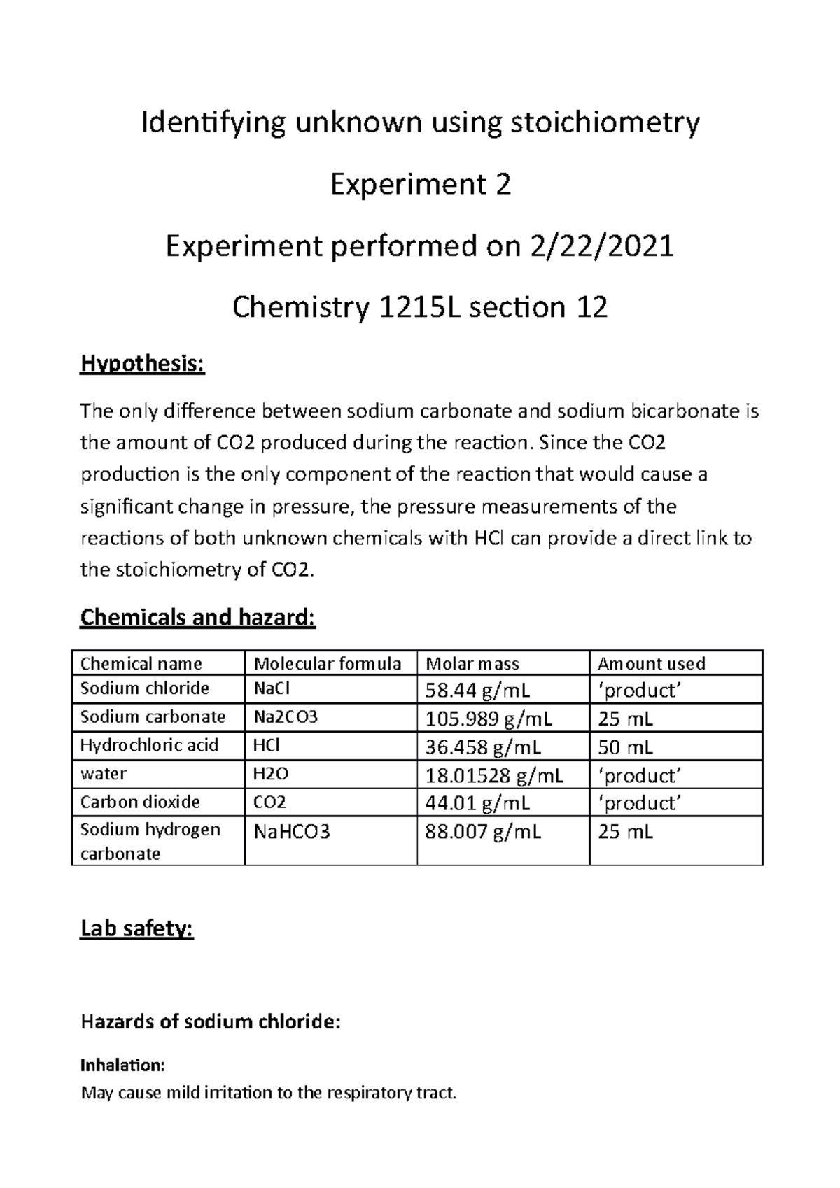 Pre lab exp 2 - pre lab report on identifying unknown using ...