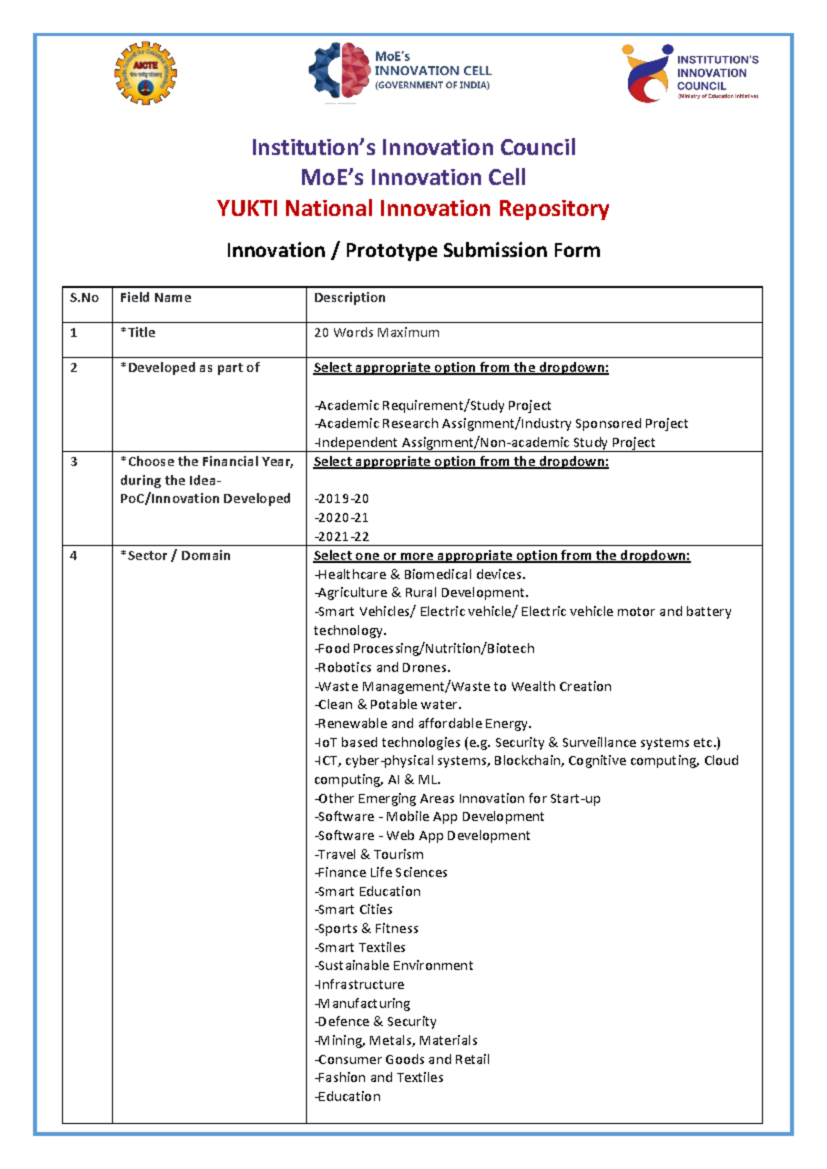 Innovation Prototype Submission Guidelines for YUKTI Innovation Cell ...