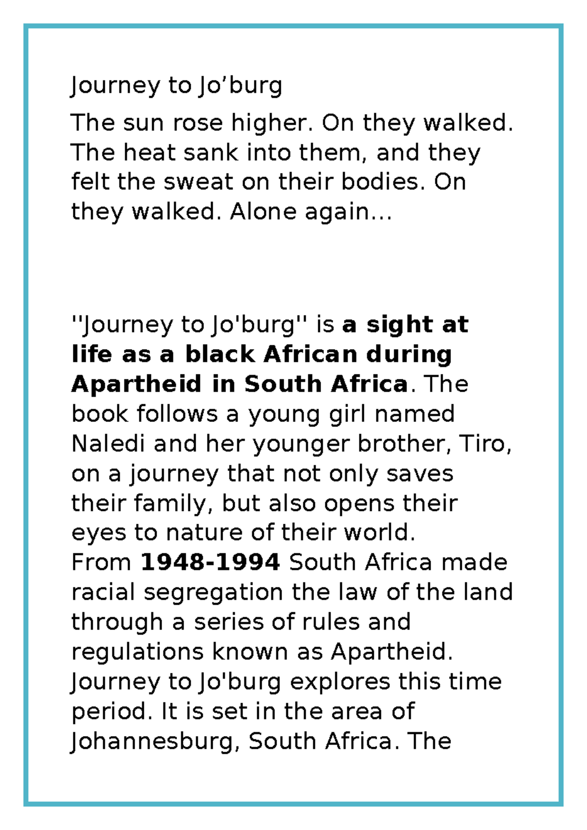 Journey to Jo'burg 2 - Exploring Themes of Resilience and Hope - Studocu
