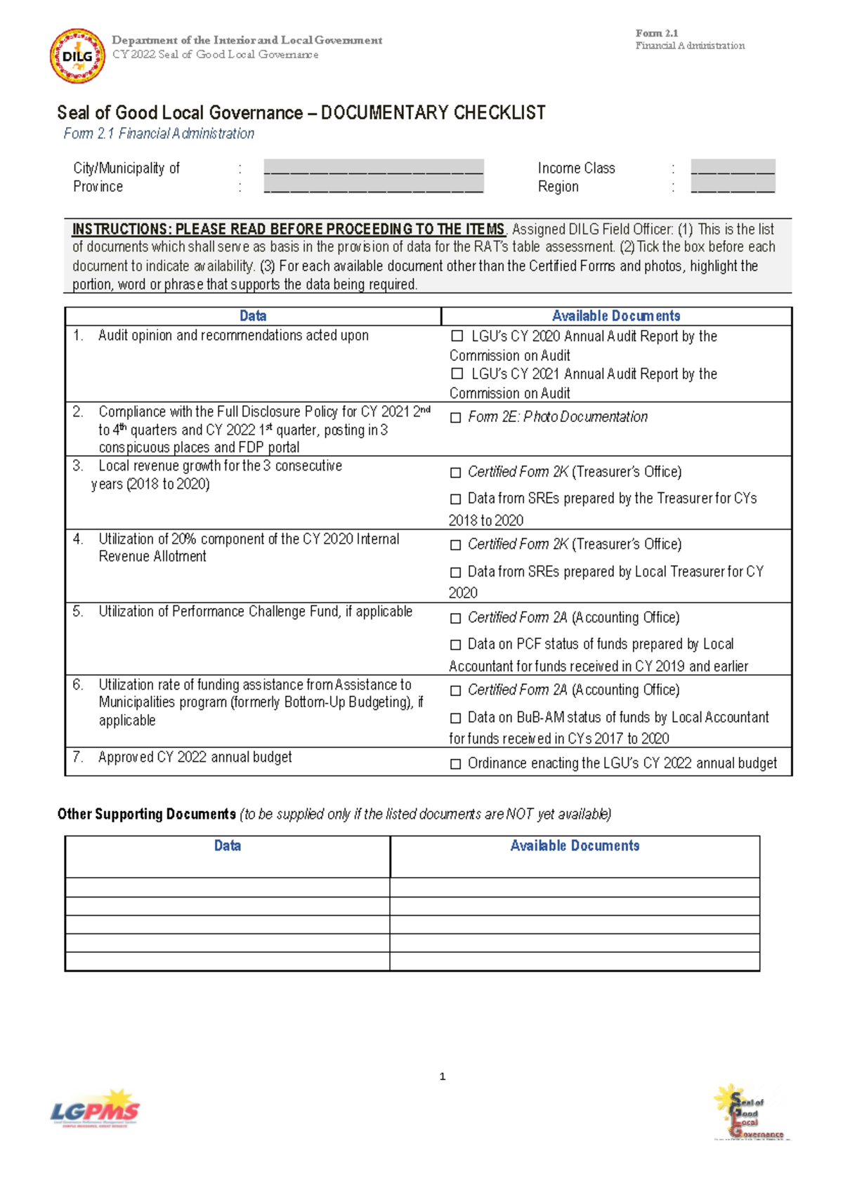 SGLG Form 2.1-2.10: Comprehensive Documentary Checklist for CY 2022 ...
