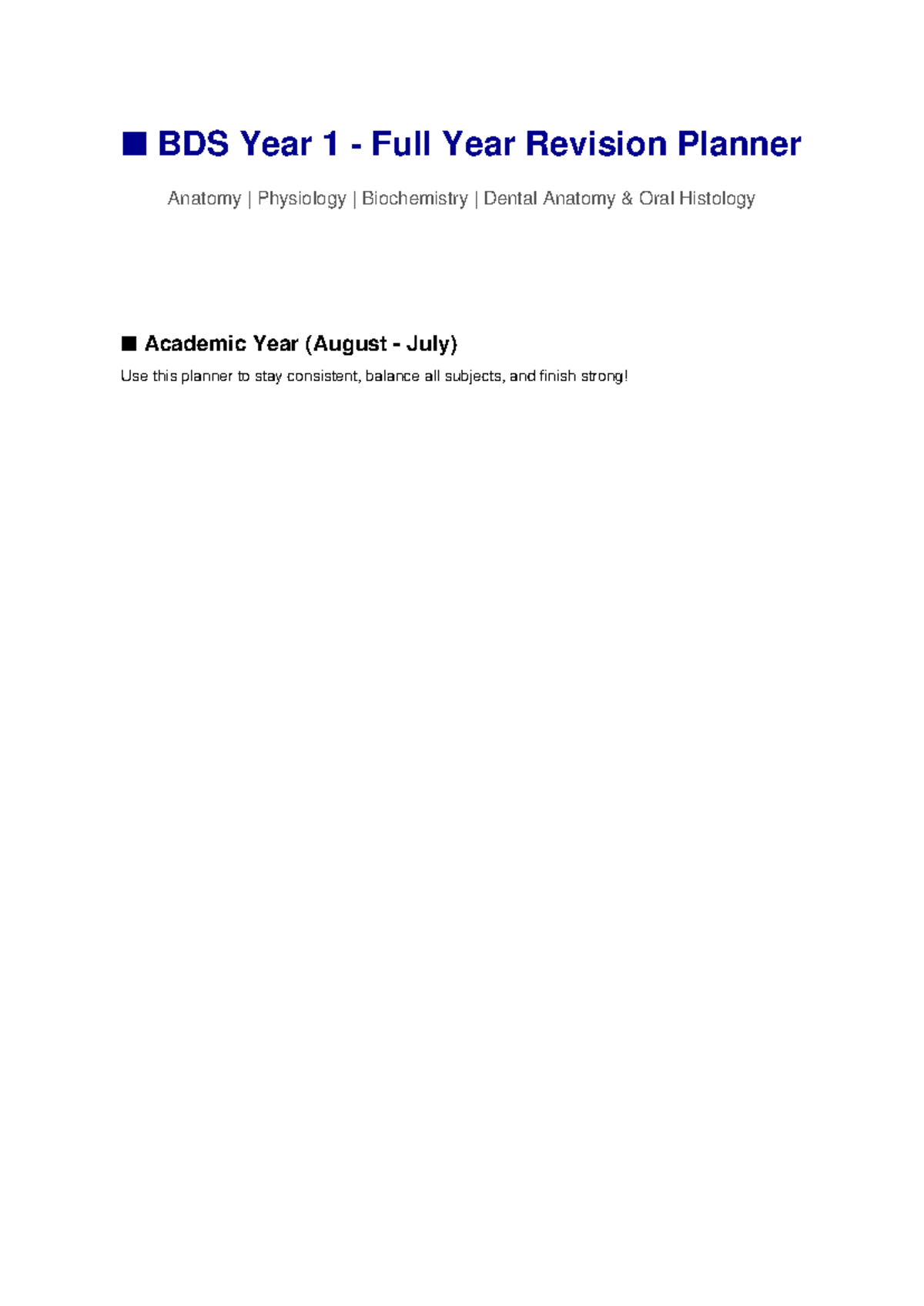 BDS Year 1 Revision Planner: Anatomy, Physiology & Biochem - Studocu