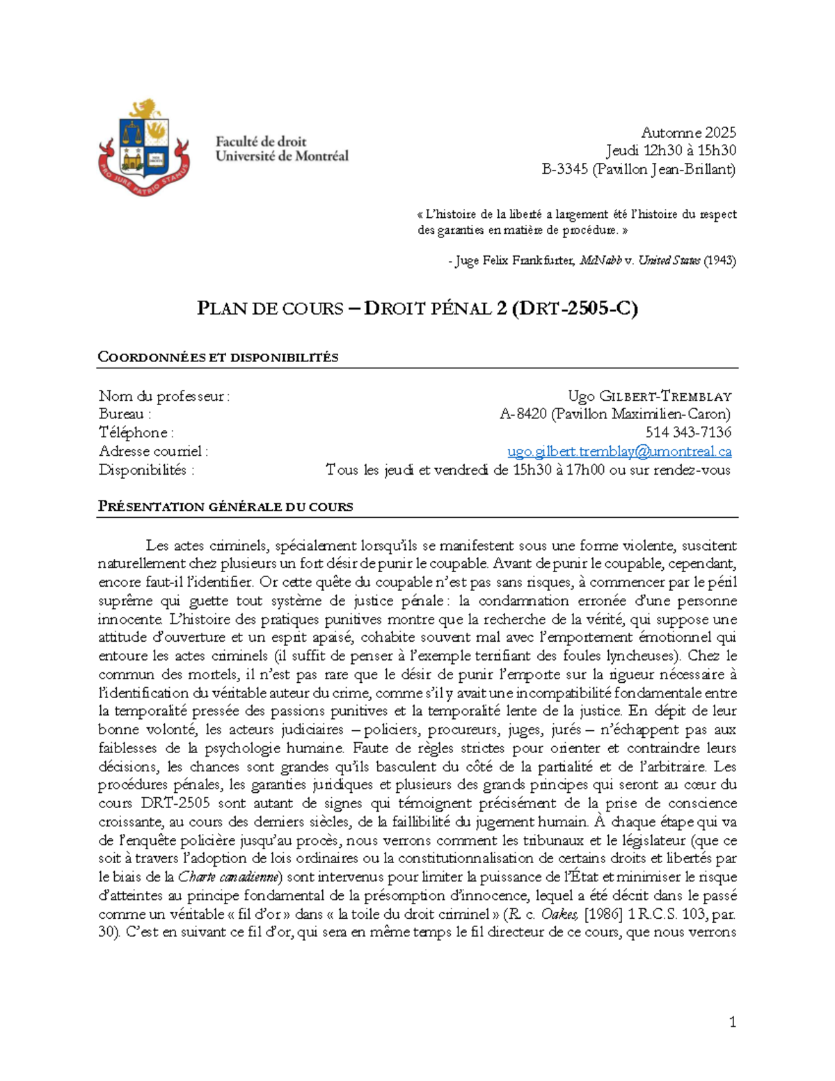 PLAN DE COURS DROIT PÉNAL 2 - Automne 2025 - Studocu