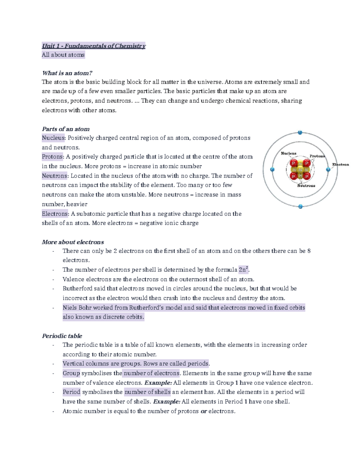 Chemistry E- Assessments notes - Unit 1 - Fundamentals of Chemistry All ...