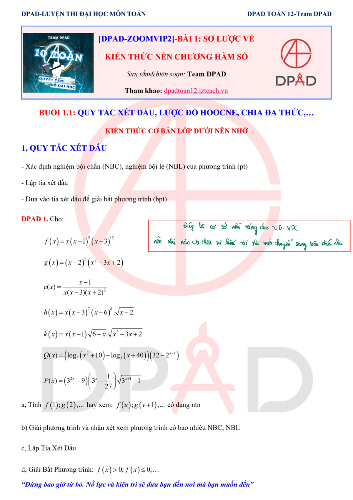 THI ĐAI HQC MÔN TOÁN DPAD: Bài Tập Buổi 12 - Phương Trình và Đồ Thị ...