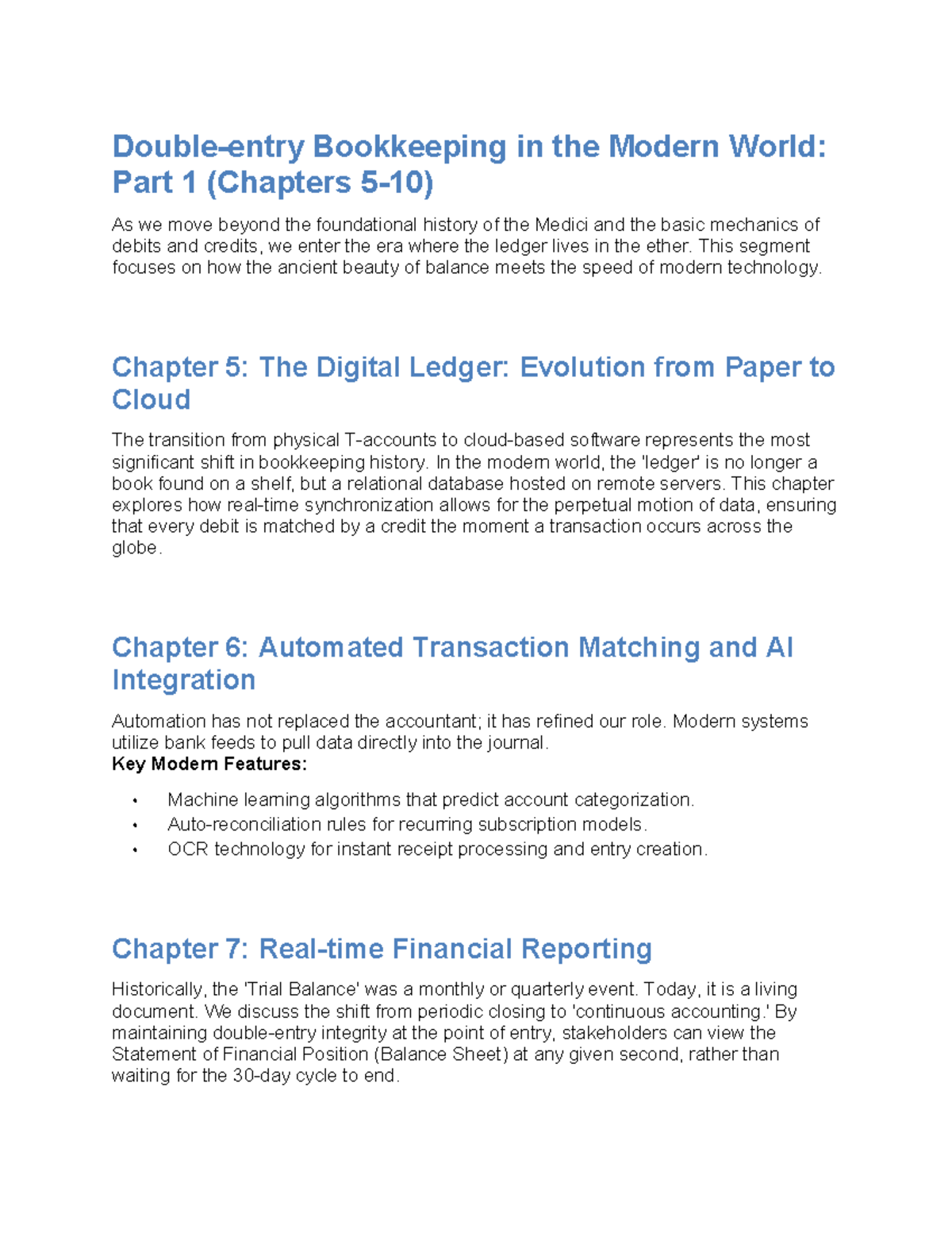 Double-Entry Bookkeeping in the Modern Era: Chapters Overview - Studocu