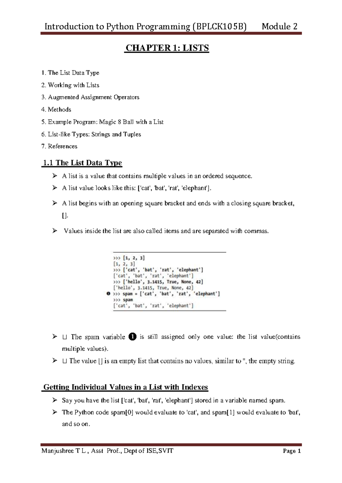 Introduction to Python Programming (BPLCK105B) Module 2: Lists and Methods - Studocu