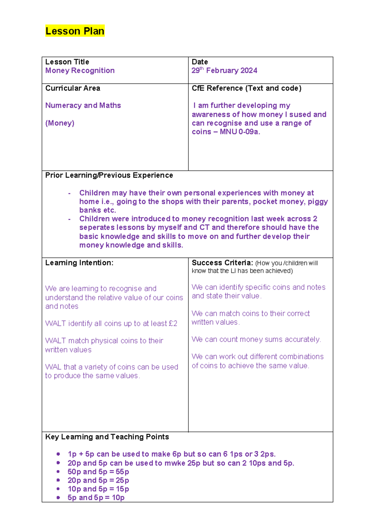 Money Recognition Lesson Plan - MNU 0-09a (Feb 2024) - Studocu
