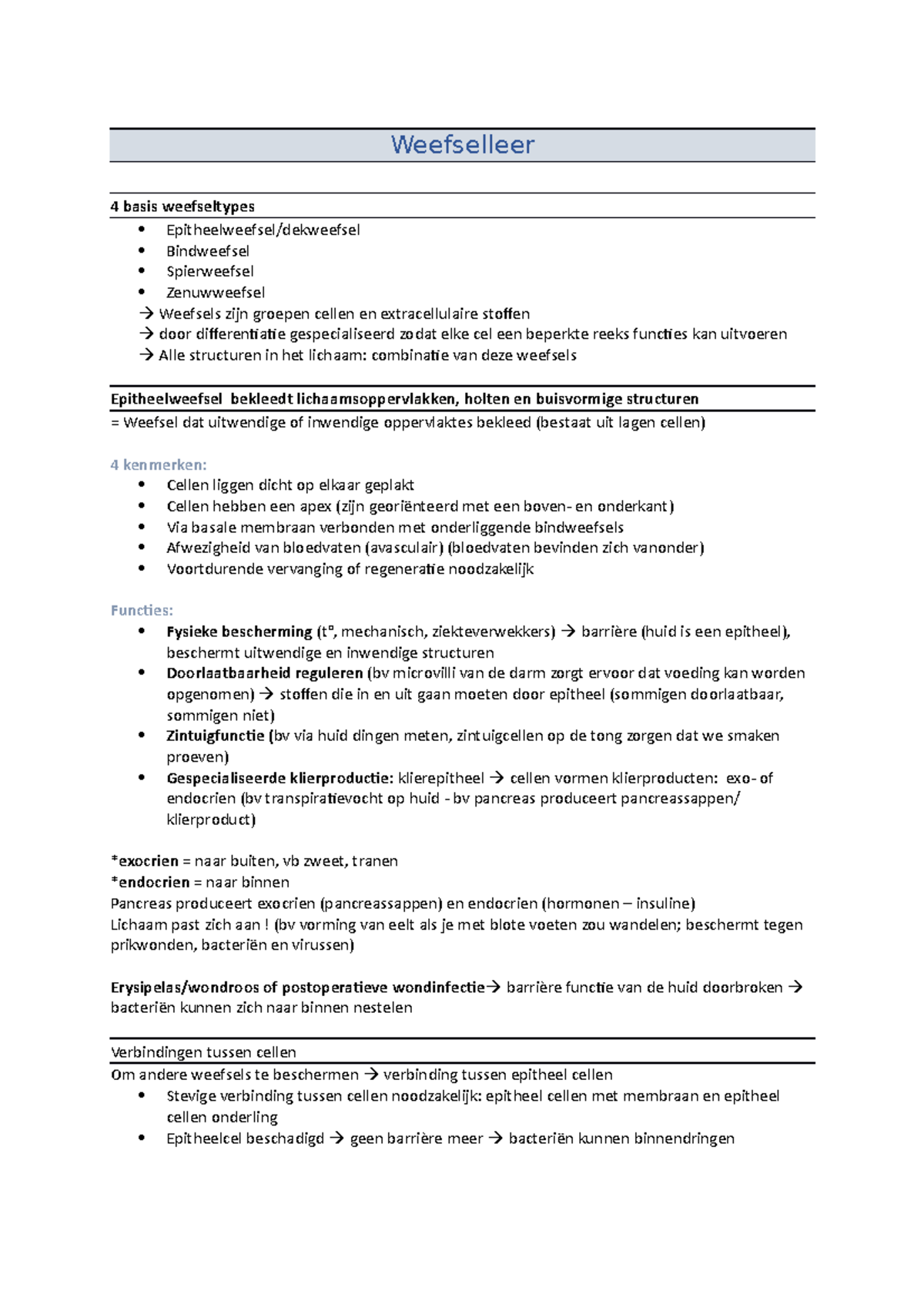 4-Weefselleer - Samenvatting van Basisweefseltypes en Functies - Studocu