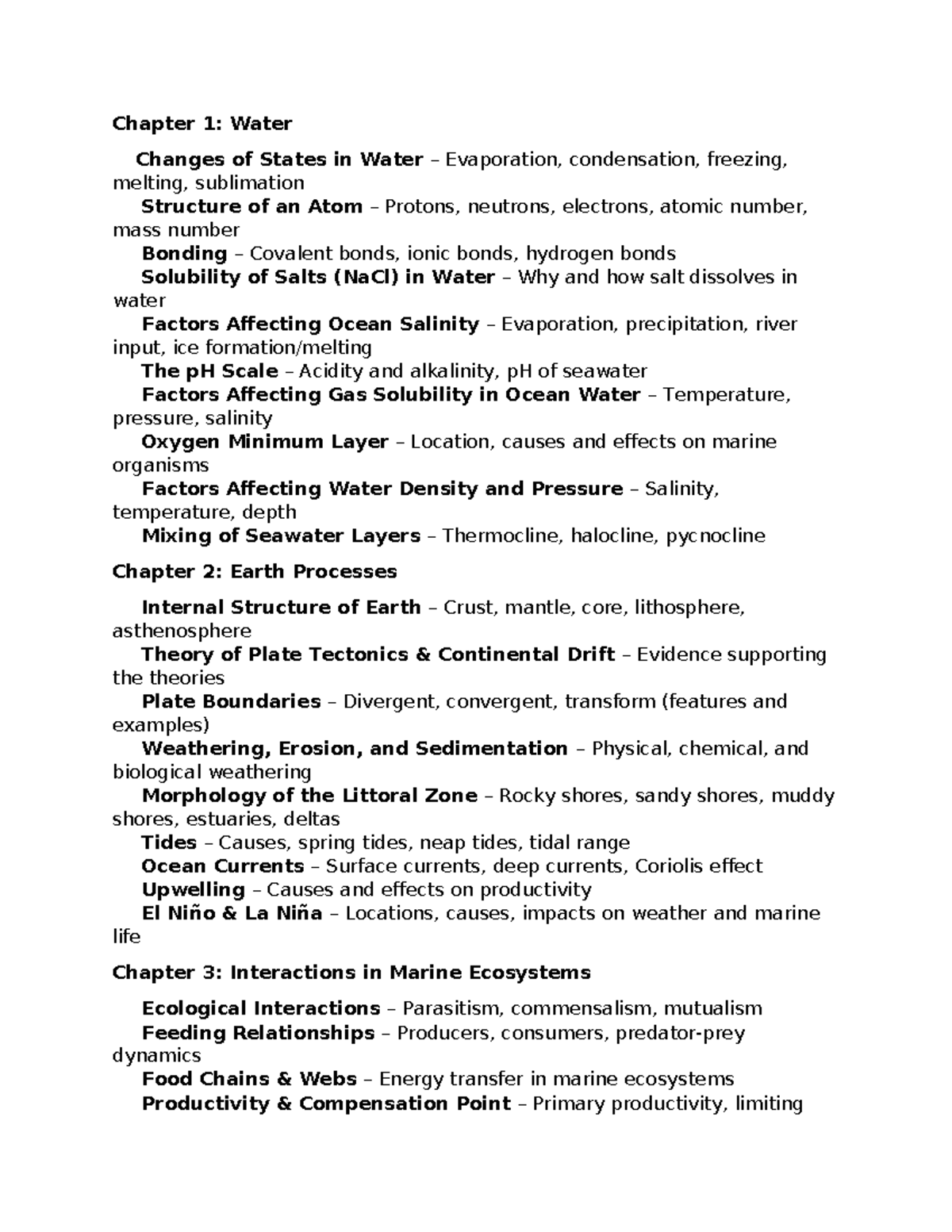 AICE Marine Science review: Key concepts from chapters 1 to 5 - Studocu