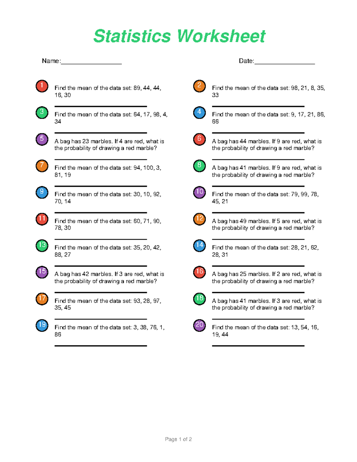 Statistics Worksheet 1: Mean & Probability Problems - Studocu